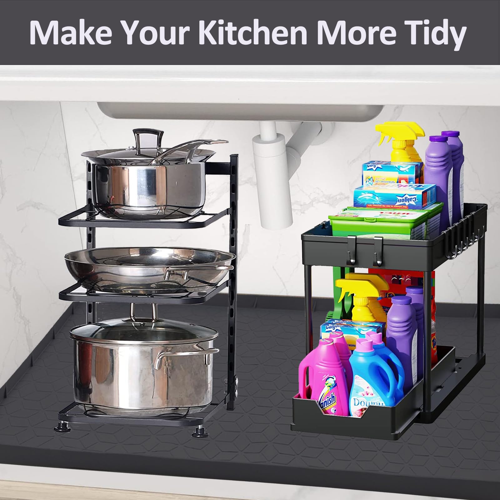Under Sink Mats for Kitchen Waterproof, Under Sink Liner 34" x 22" for Kitchen fit 36" Cabinet, Sink Mats for Bottom of kitchen Sink for Drips Leaks, Under Kitchen Sink Mats and Protectors, Black