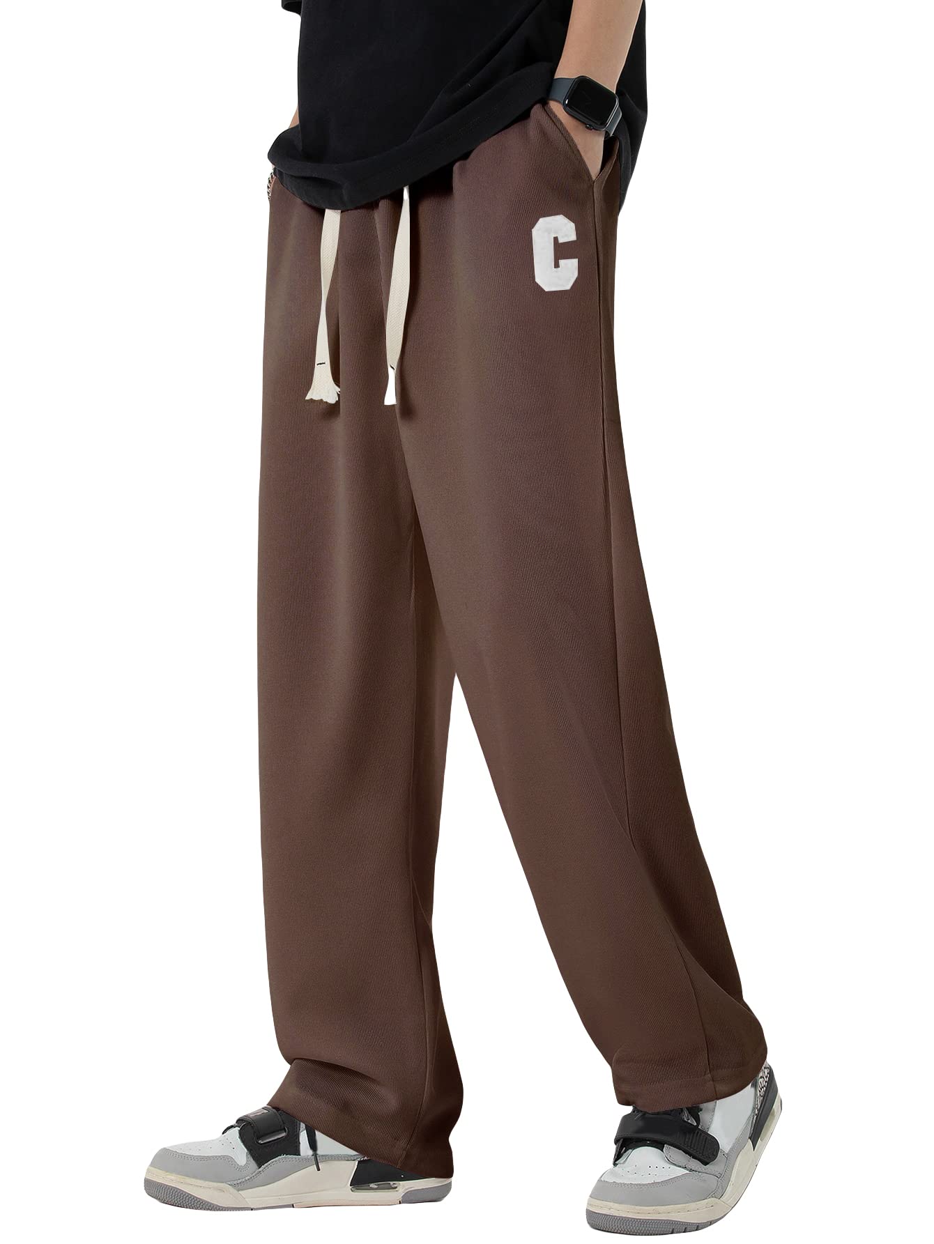 SHENHE Men's Elastic Waist Drawstring Sweatpants Straight Leg Loose Pants Trousers Coffee Brown S