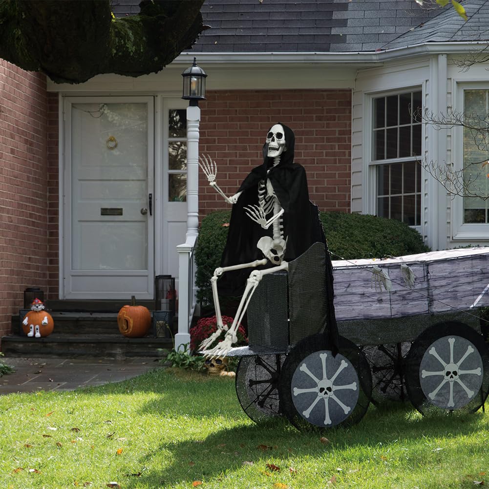 UMEELR 5.4ft/165cm Halloween Skeleton, Poseable Full Size Skeleton with Black Cloak, Life Size Human Bones for Halloween Front Yard Patio Lawn Garden