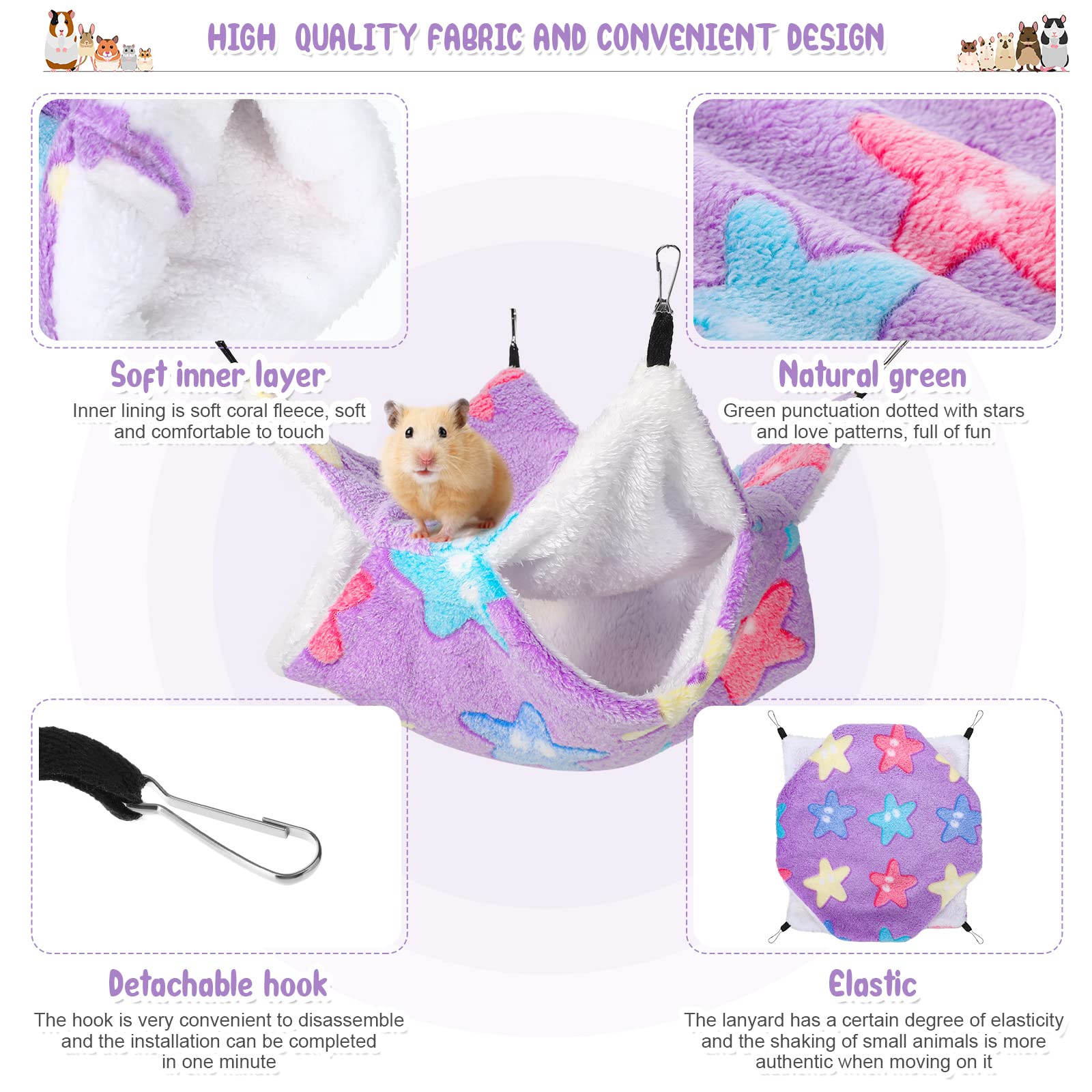 Shappy 2 Pieces Small Pet Cage Hammock Hanging Tunnel for Small Animals Hanging Bed Cage Guinea Hammock Cage Accessories for Ferret Rat Chincilla Hammock Sleeper Cage Accessories Set (Purple, Star)