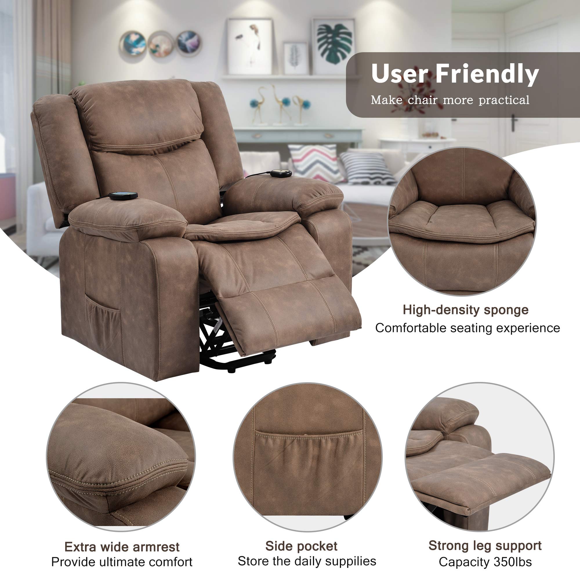 Prohon Chair with 5 Mode Vibration Massage and Heat Function, Comfort Lift Rocker Single Lounge Sofa Ergonomic Power Reclining for Adults Elderly, Brown