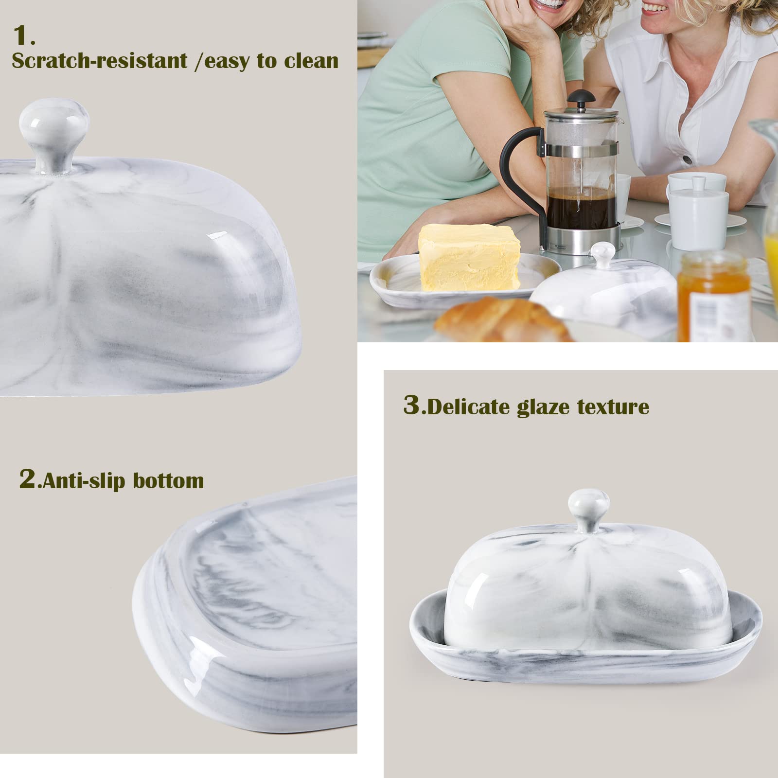 Yundu Grey Marble Butter Dish with Lid, Ceramics Butter Keeper Container, Perfect for East/West Butter