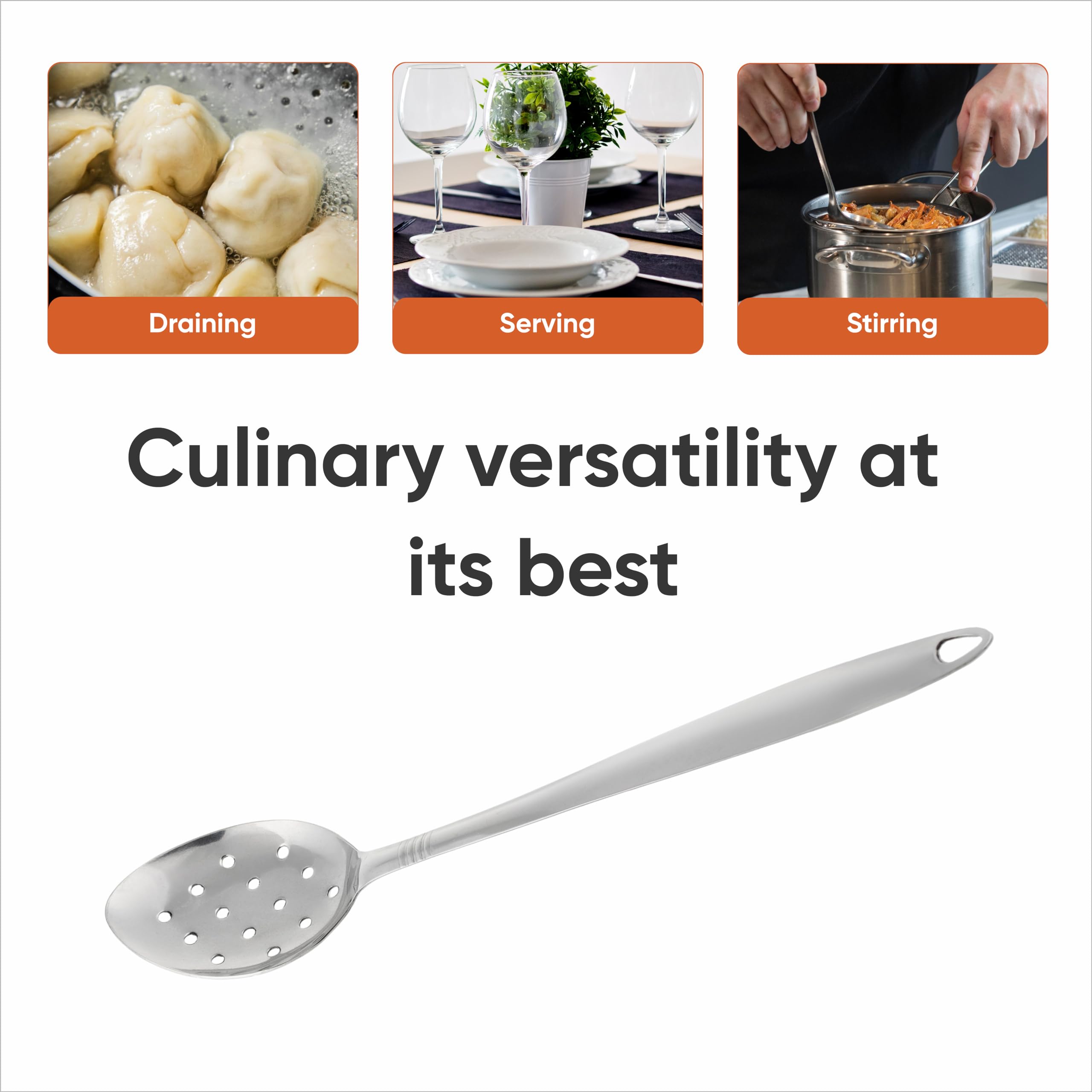 Stainless Steel Slotted Serving Spoon - Long Handle Perforated Metal Spoon - Large Metal Cooking Spoon with Holes