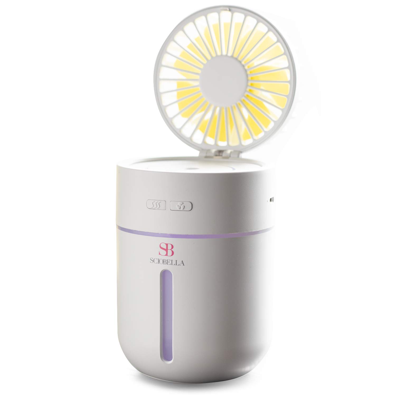 Sciobella Mini Portable Cool Mist Humidifier with Fan for Bedroom Office Desk Travel Car Hotel 400ml 2 Mist Mode 7 LED Night Light 3 Fan Speed Setting USB Rechargeable Auto Shut-off