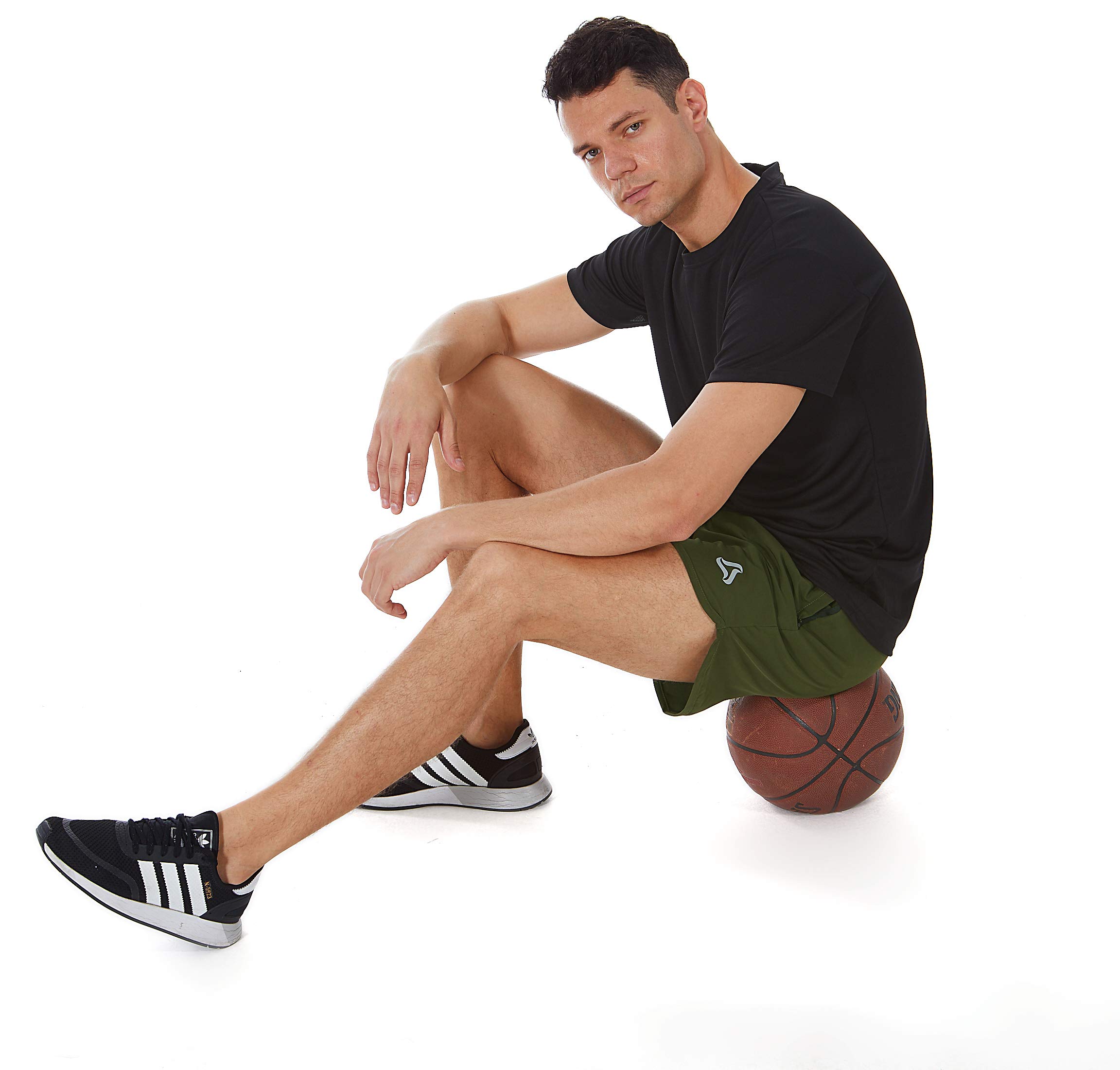 SILKWORLD Men's Running Stretch Quick Dry Shorts with Zipper Pockets(Pack of 3), Black, Army Green, Light Grey, Medium