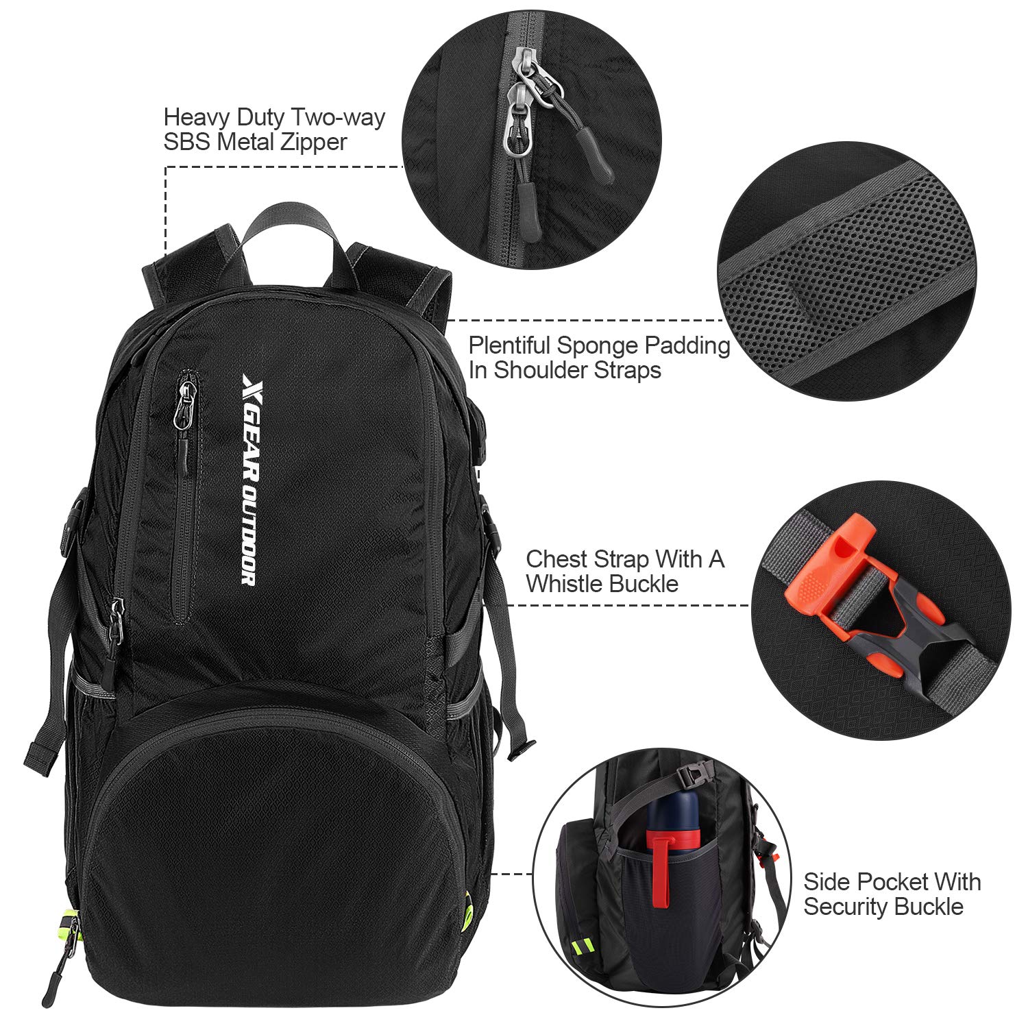 XGEAR 35L Ultralight Packable Backpack, Handy Foldable Daypack, For Travel Hiking Camping Outdoor, Black