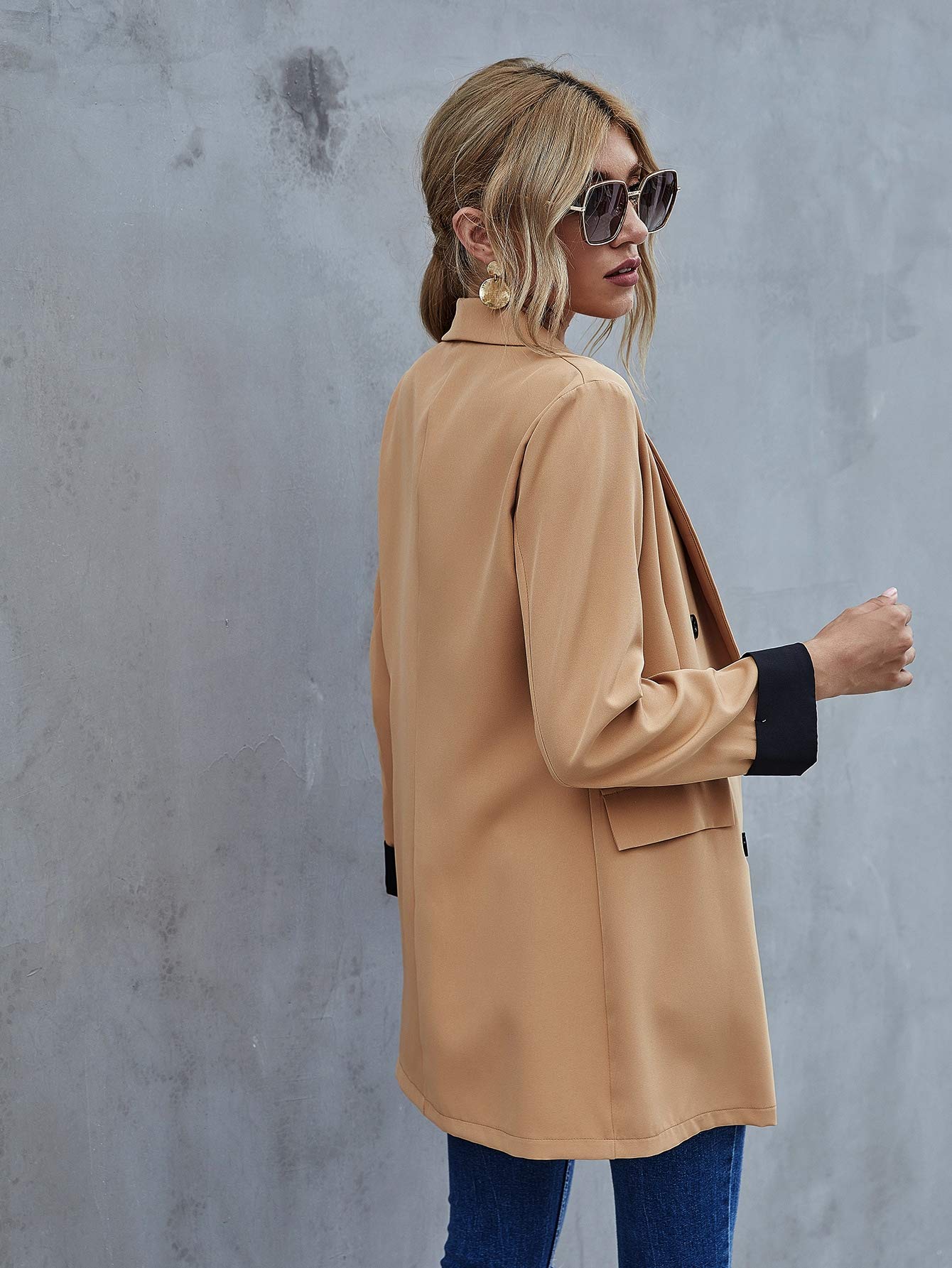 SheIn Women's Long Sleeve Double Breasted Long Blazer Shawl Collar Button Jacket Khaki Small