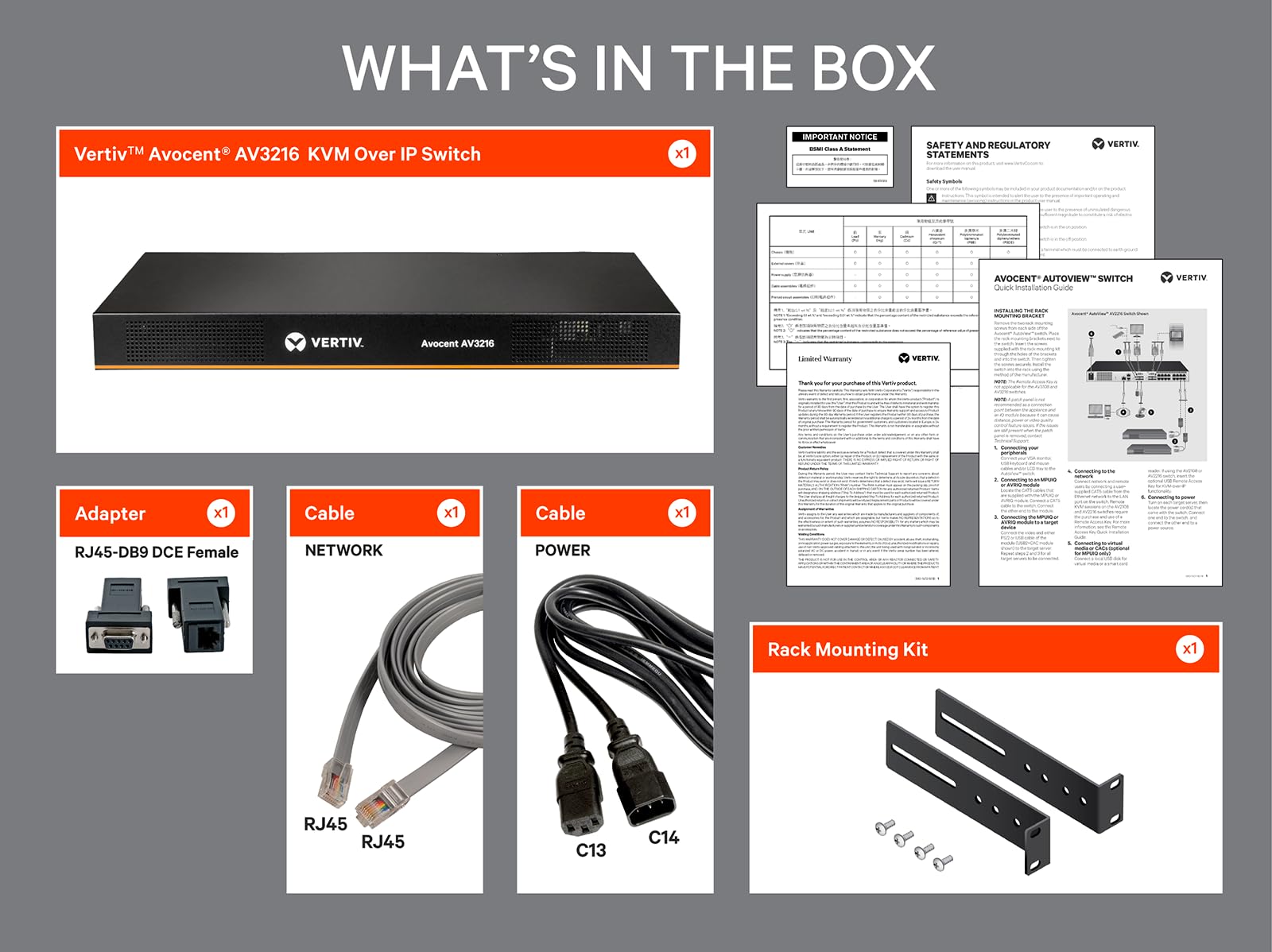 Vertiv Avocent AV3000 Rackmount KVM Over IP Switch, 16 Port KVM switches, Common Access Card (CAC), Local and Remote Access, Centralized Management, VGA, DisplayPort, DVI, HDMI, VGA Cable (AV3216-400)