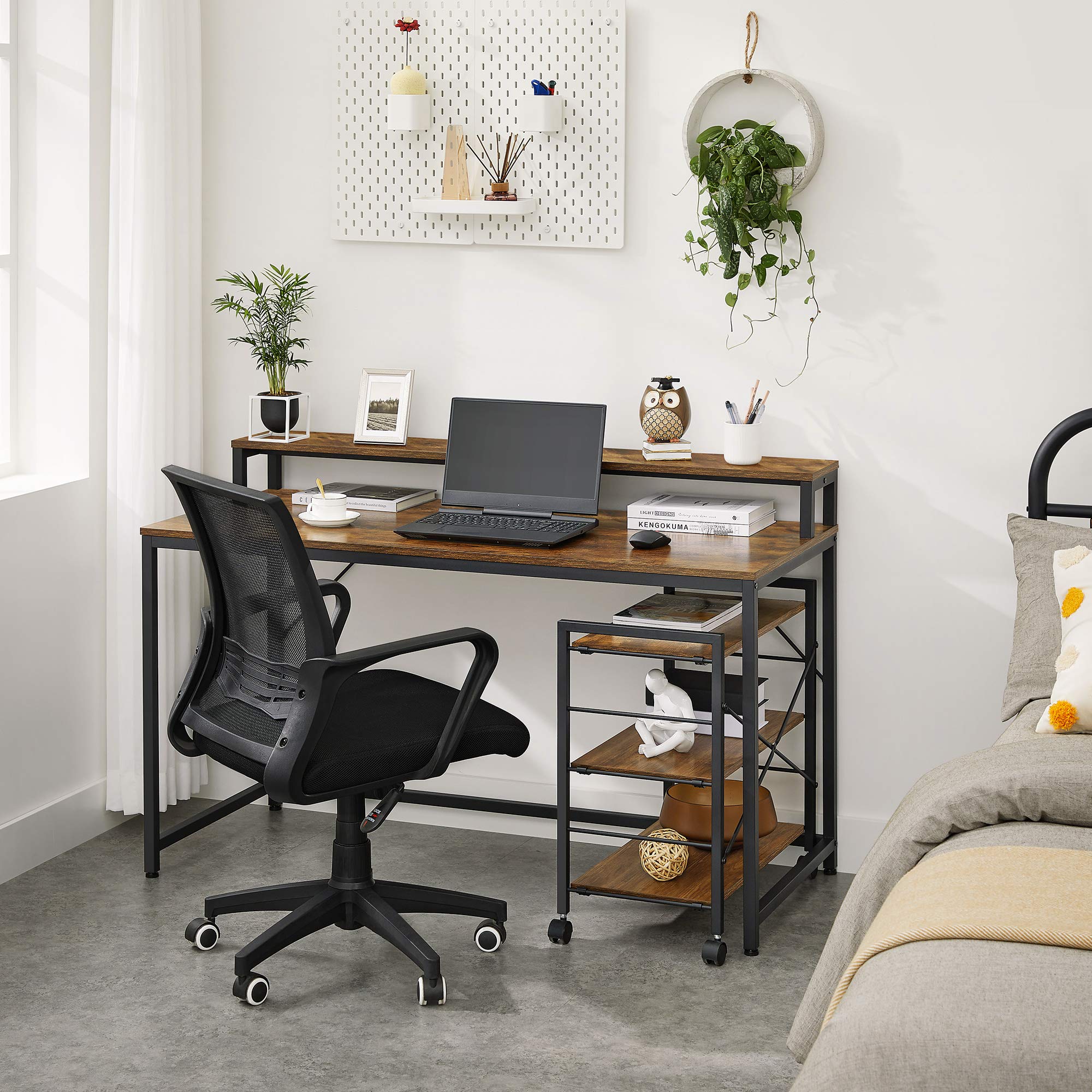 VASAGLE Computer Desk with Large Monitor Stand Rolling Cart, Writing Study Desk with Storage Shelves, Industrial, for Home Office, Rustic Brown and Black ULWD061B01