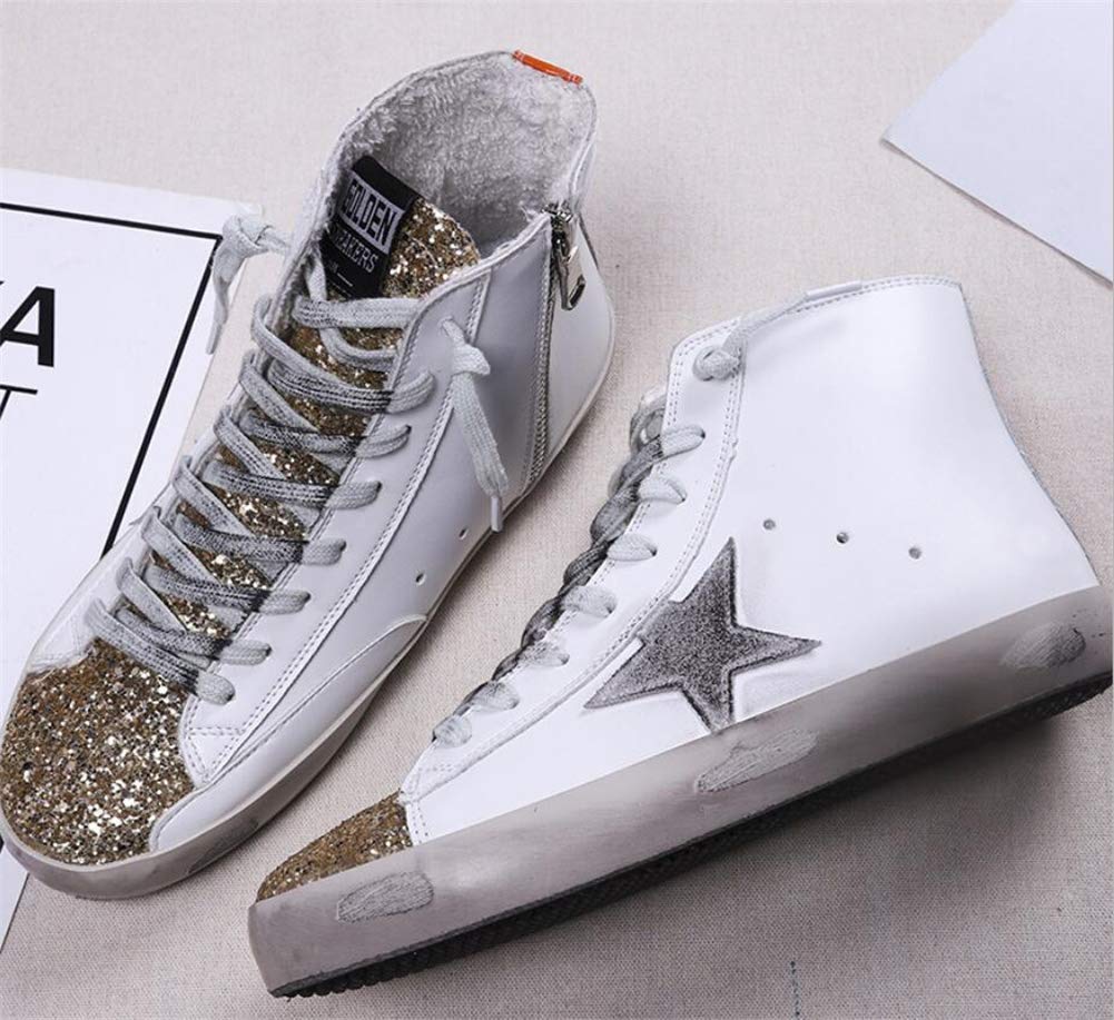 SATUKI Women's High Top Fashion Flat Sneakers Distressed Design Lace up Star Glitter Shoes (Gold, numeric_9)