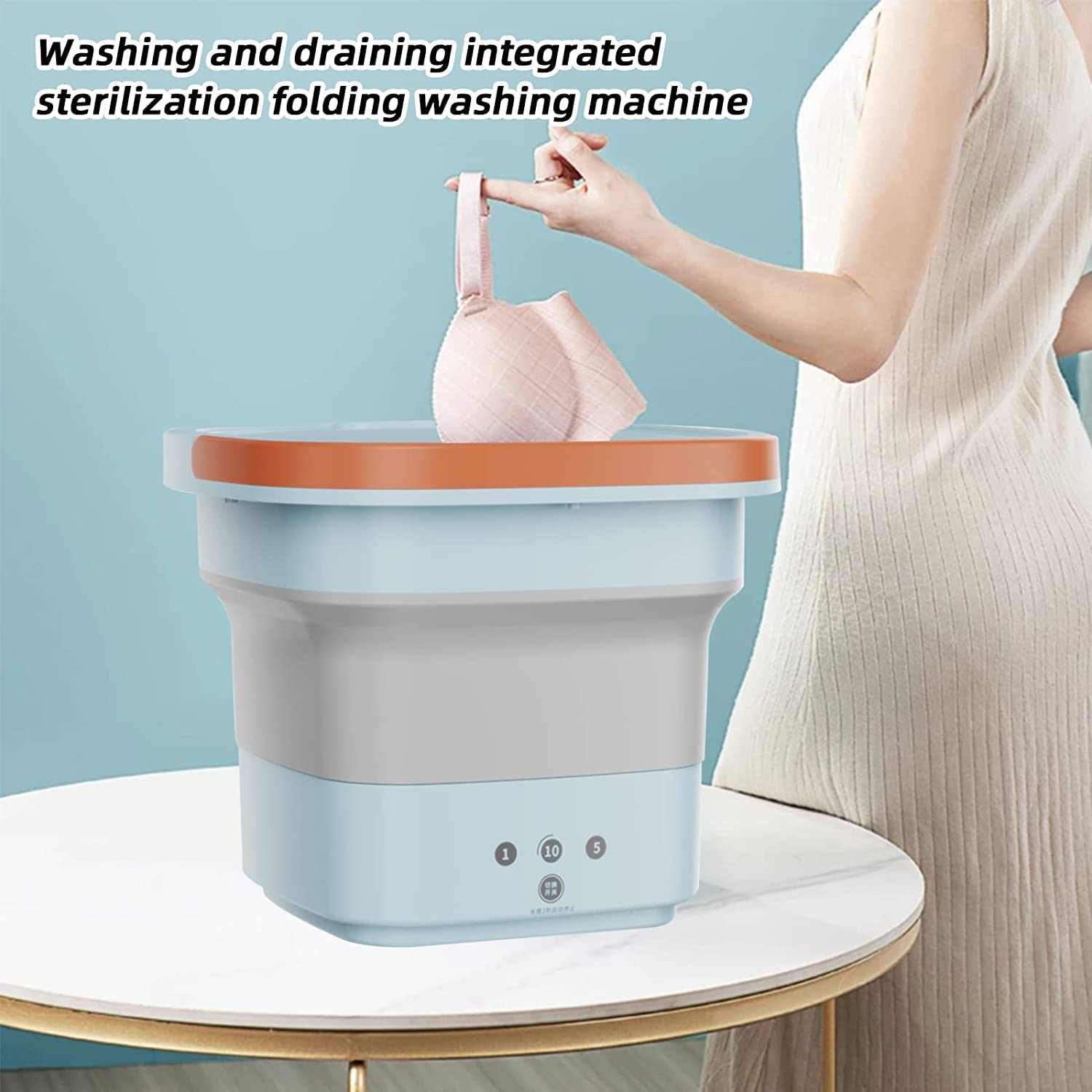 TTSITG Portable Washing Machine, 6 L 3-Speed Adjustment Mini Foldable Washer with Drain Basket USB Compact Outdoor Washing Machine for Underwear, Sock, Suitable Travel, Camping,Apartments (Blue)
