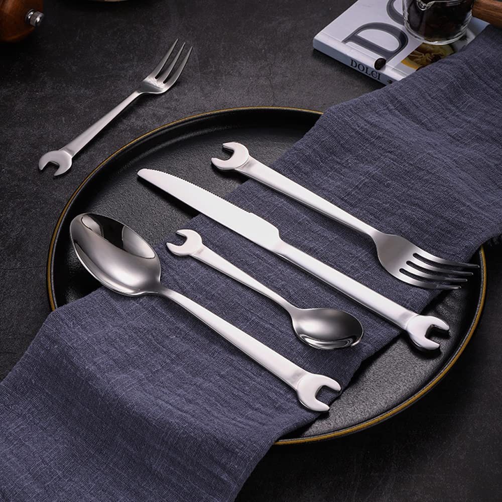 Silverware Set 6 Pcs, Stainless Steel Wrench Handle Flatware Set Forks and Spoons Set Durable Food-Grade Serving Cutlery set Tableware Eating Utensils(Silver)