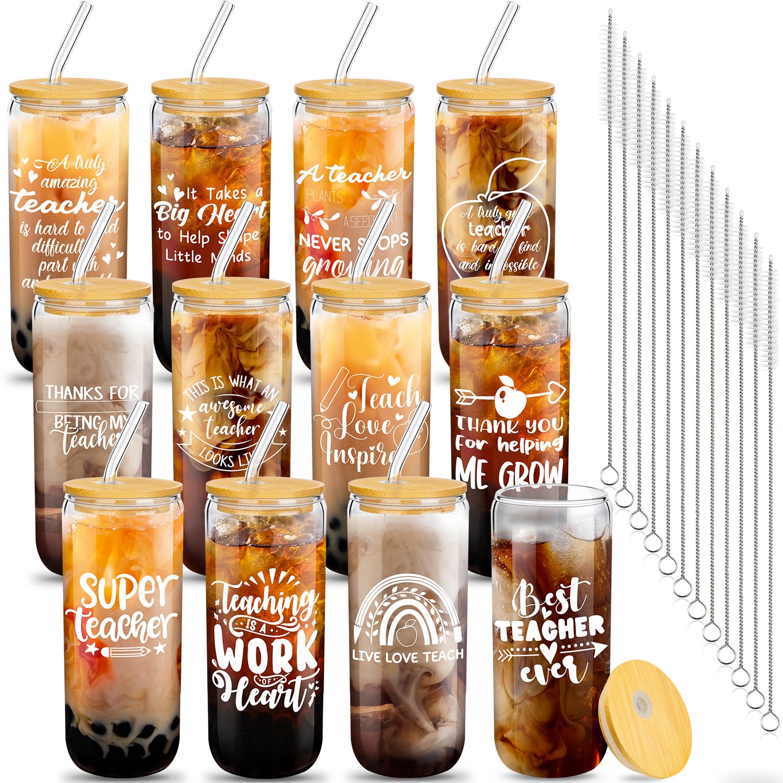 Umigy Teacher Appreciation Gifts Teacher Glass Cups 16oz Can Shaped Beer Glass with Lids Straws Brushes Teacher Thank You Gifts Funny for Christmas Birthday New Teachers(12 Sets, Stylish)