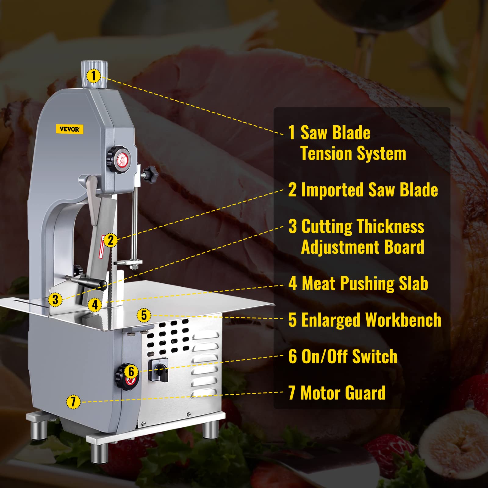 VEVOR 110V Bone Saw Machine, 1500W Frozen Meat Cutter, 2.1HP Butcher Bandsaw, Thickness Range 4-180mm, Max Cutting Height 215mm, Worktable 19.3x17.3inch, Sawing Speed 19m/s, Equipped with 6 Saw Blades