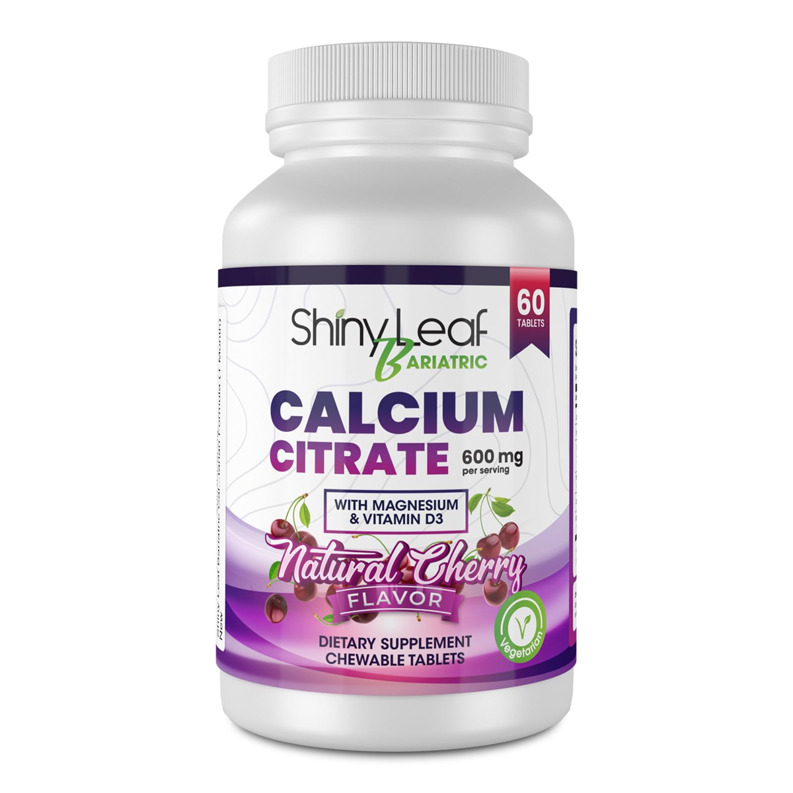 Shiny Leaf Bariatric Calcium Citrate 600 mg Supplement for Bariatric Surgery Patients, 60 Ct Chewable Tablets with Magnesium, Vitamin D3, Natural Cherry Flavor, Vegetarian (1 Month)