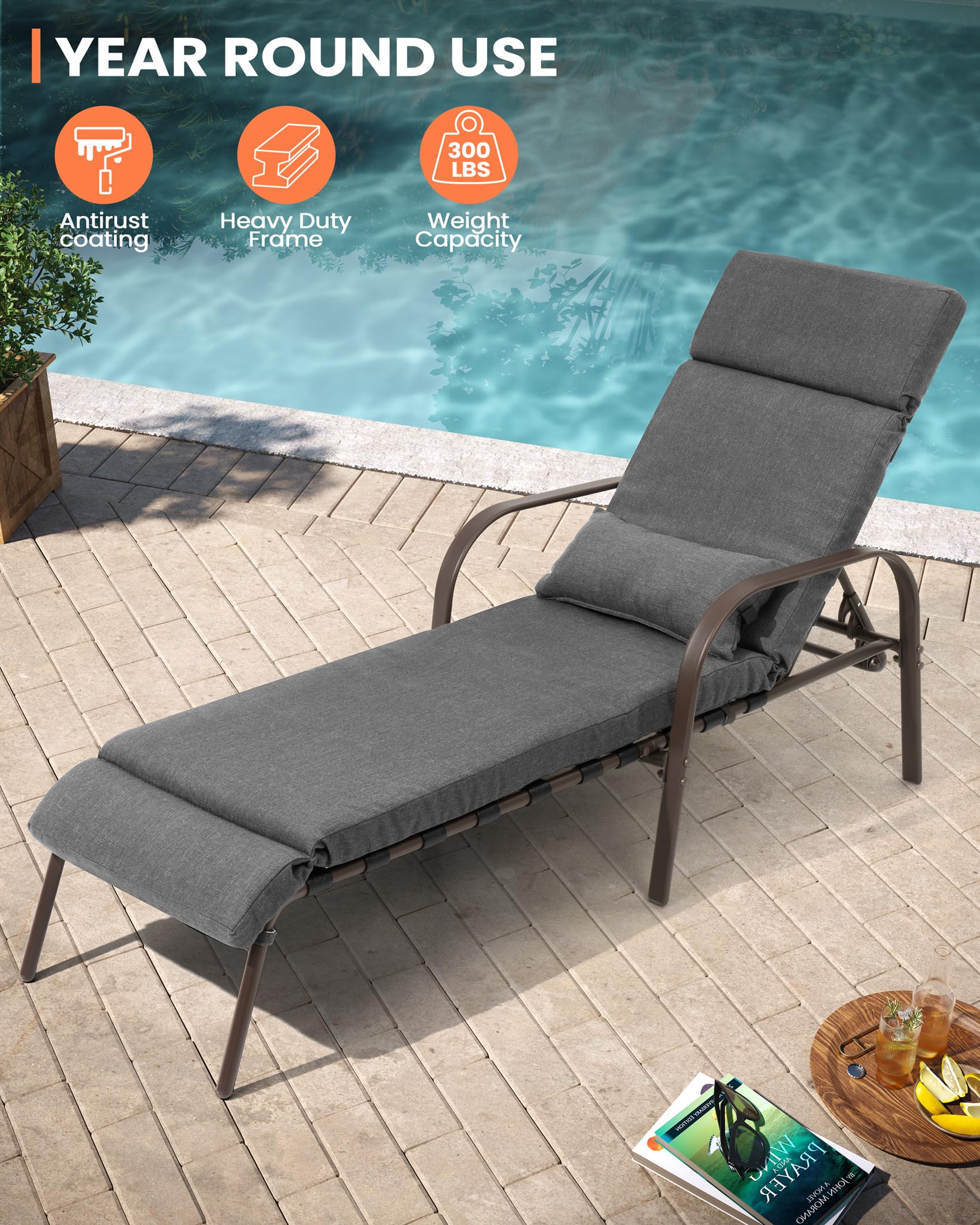 Pellebant Patio Chaise Lounge Chair with Cushion, Adjustable Lounge Chair with 5 Positions, Outdoor Recliners All Weather for Pool, Beach and Yard, 2 Pcs,Dark Grey