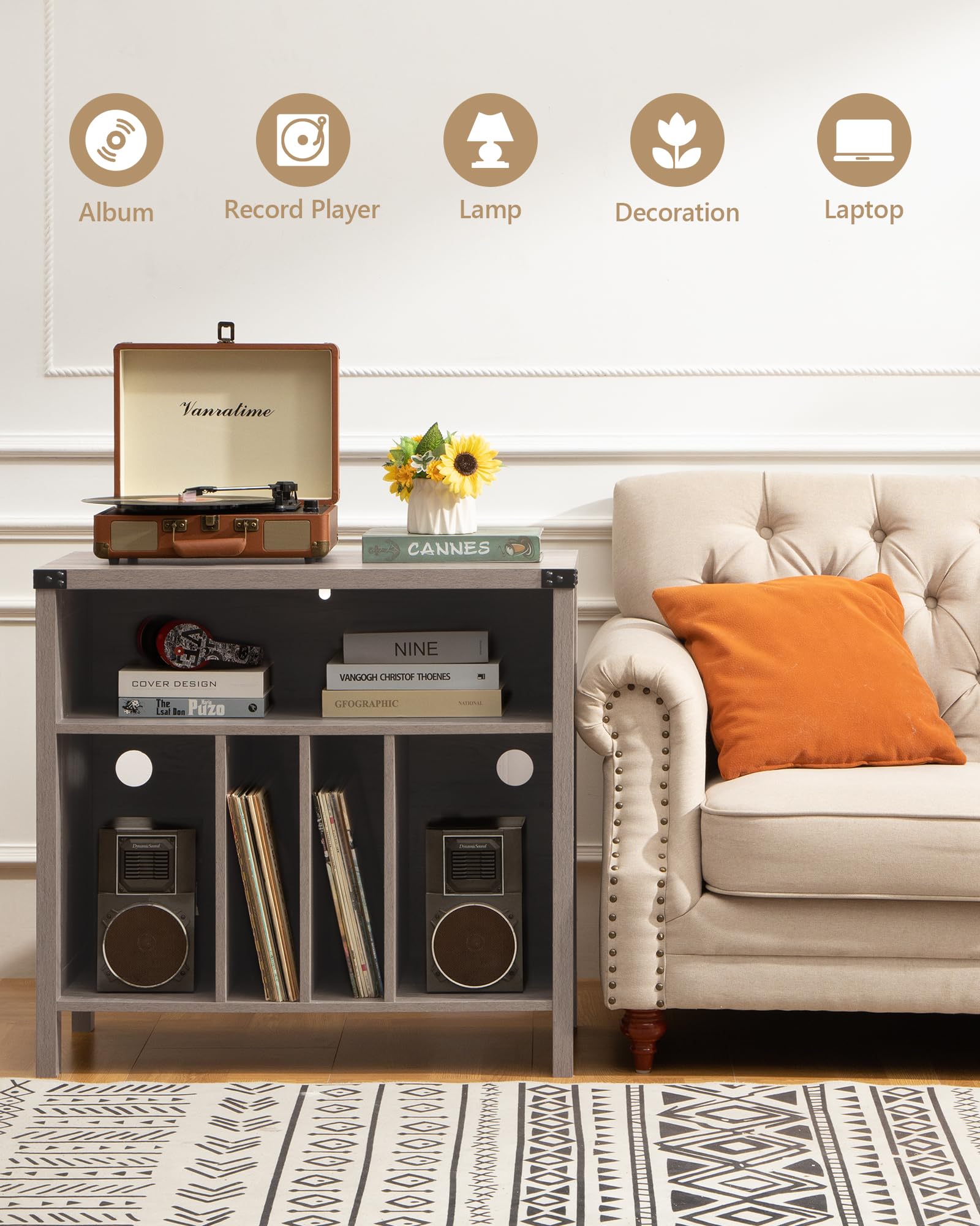 SICOTAS Large Record Player Stand Table with Vinyl Record Storage Turntable Stand Cabinet with Record Shelf Stereo Cabinet Display Shelf End Side Table Storage Cabinet for Living Room Bedroom Office
