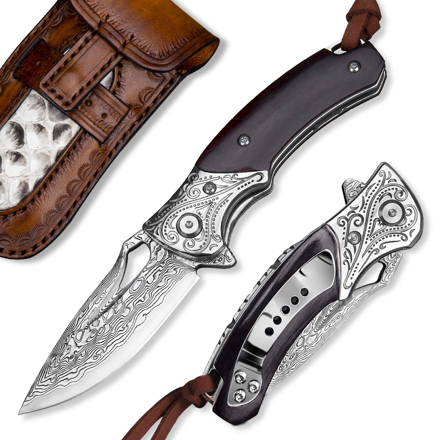 SPIRIT DEED outdoor folding pocket knives with sheath,handmade japanese vg10 damascus steel,rosewood handle,pocket clip for carving camping paring
