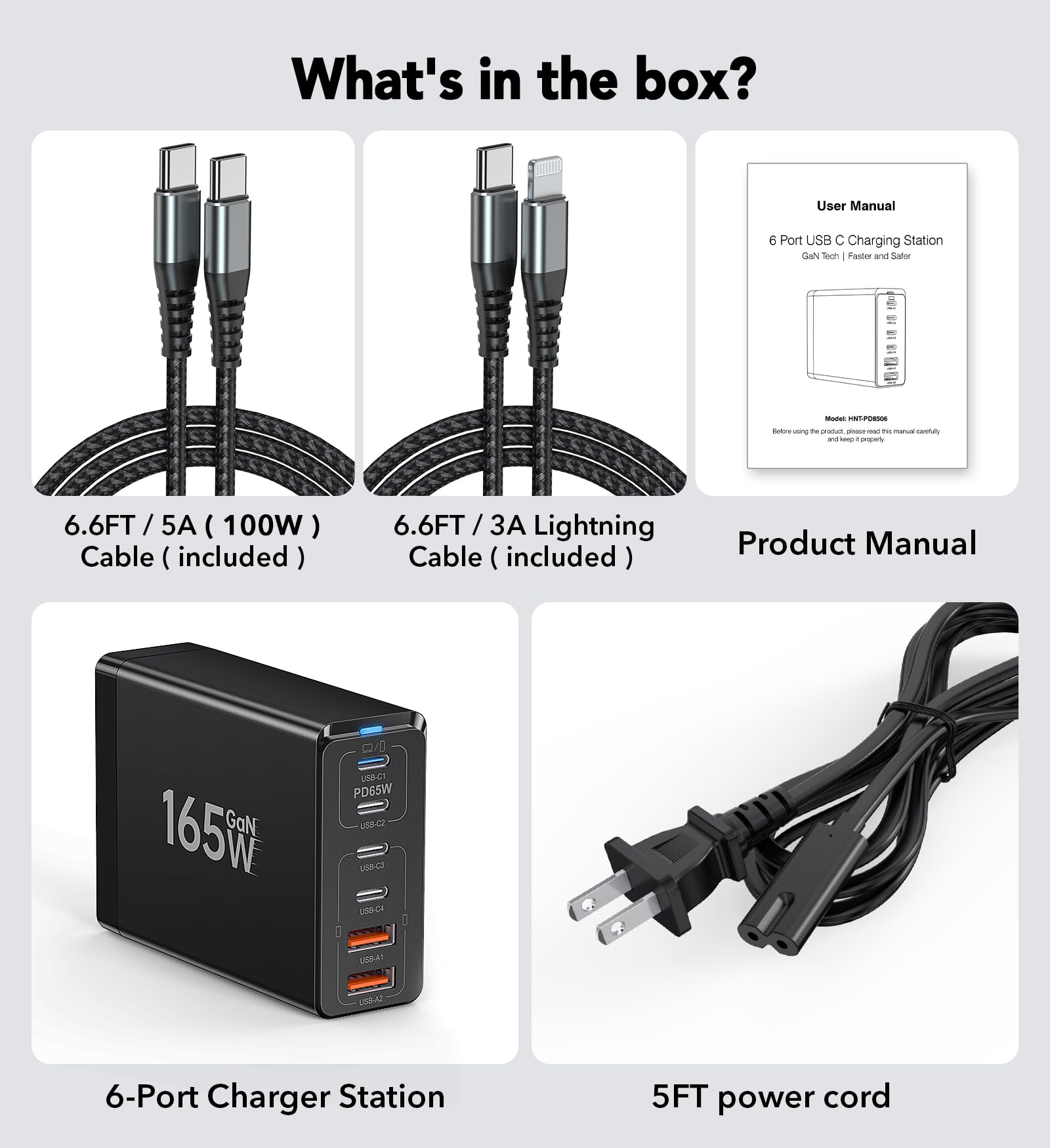 USB C Fast Charger, 165W GaN 6 Port PD USB C with QC USB A Charging Station Hub Block, Type C Laptop Power Adapter for MacBook Pro/Air, iPad Pro/Air, iPhone 11 12 13 14 15, with 2Pack 6.6ft Cable