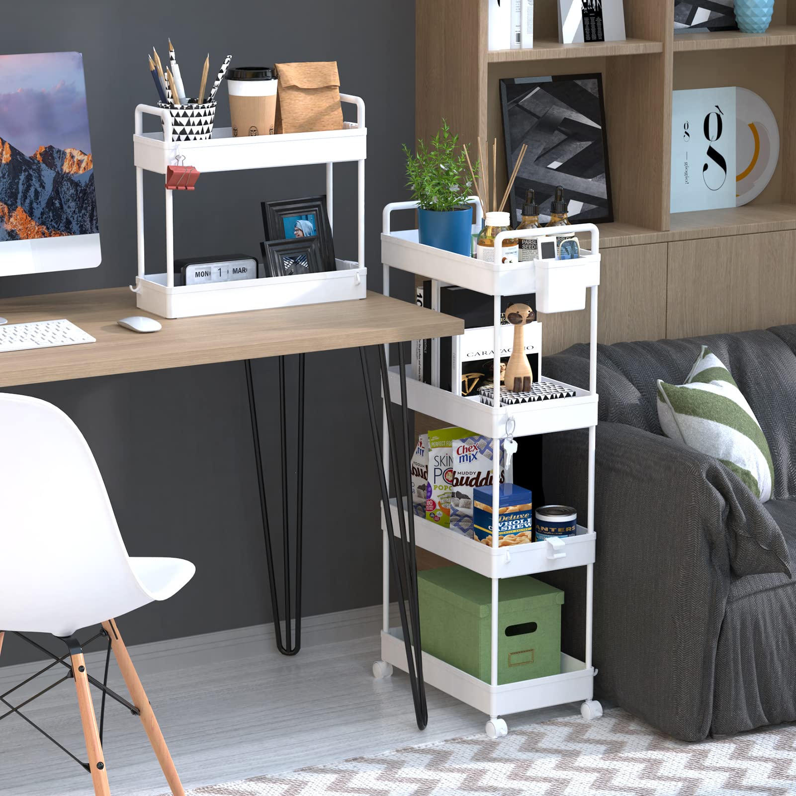 SOLEJAZZ Rolling Storage Cart, 4 Tier Laundry Room Organizer Bathroom Storage Carts, Mobile Storage Shelves with Brake Wheels, Utility Cart for Apartment Bedroom Office Garage, Kitchen, White, 2 Pack