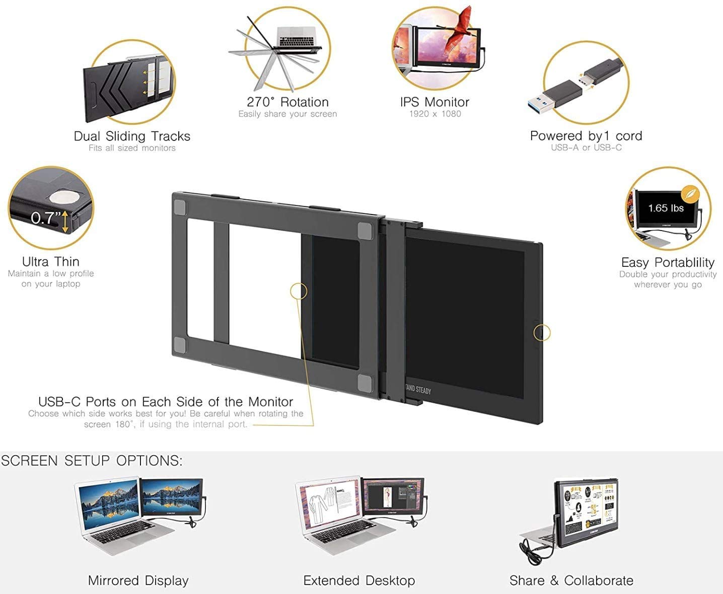 SideTrak Slide Portable Monitor for Laptop 12.5" FHD 1080P IPS Attachable Laptop Screen | Efficient USB Power | Compatible with Mac & Chrome 13" -17" Laptops (Patent Pending) | Black