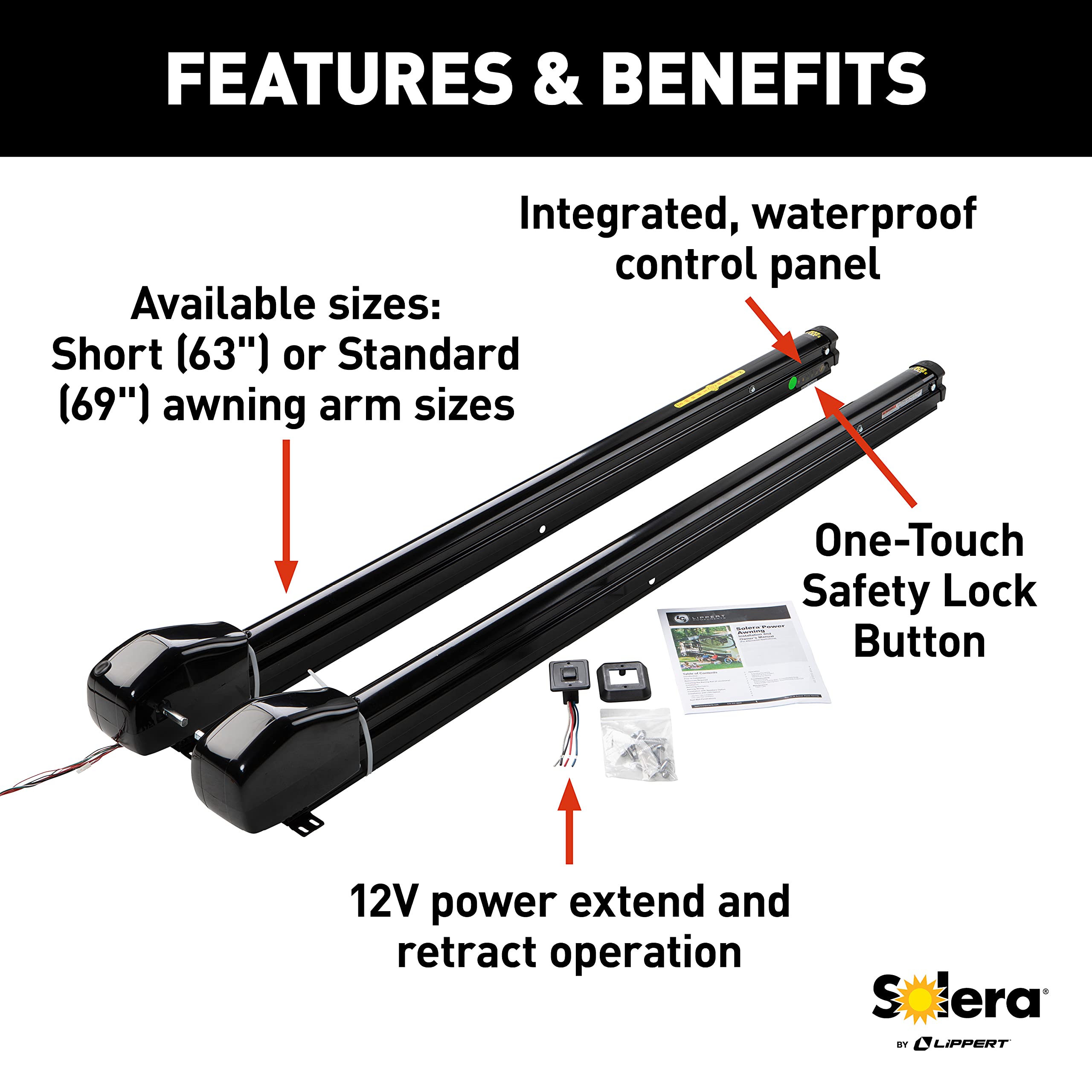 Solera 12V Smart Arm 63" Awning Hardware Kit for 5th Wheels, RVs, Travel Trailers, Power Extend and Retract, Safety Lock Button, Weatherproof - 759516