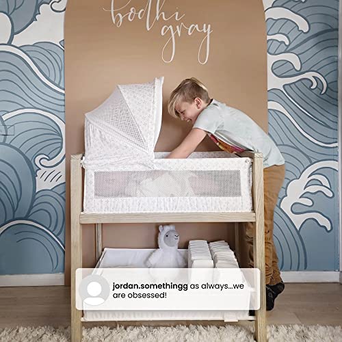 Simmons Kids Farmhouse 2-in-1 Wood Bedside Bassinet Sleeper and Changer - Portable Crib and Changing Table with High-End Wood Frame, Royal Charms