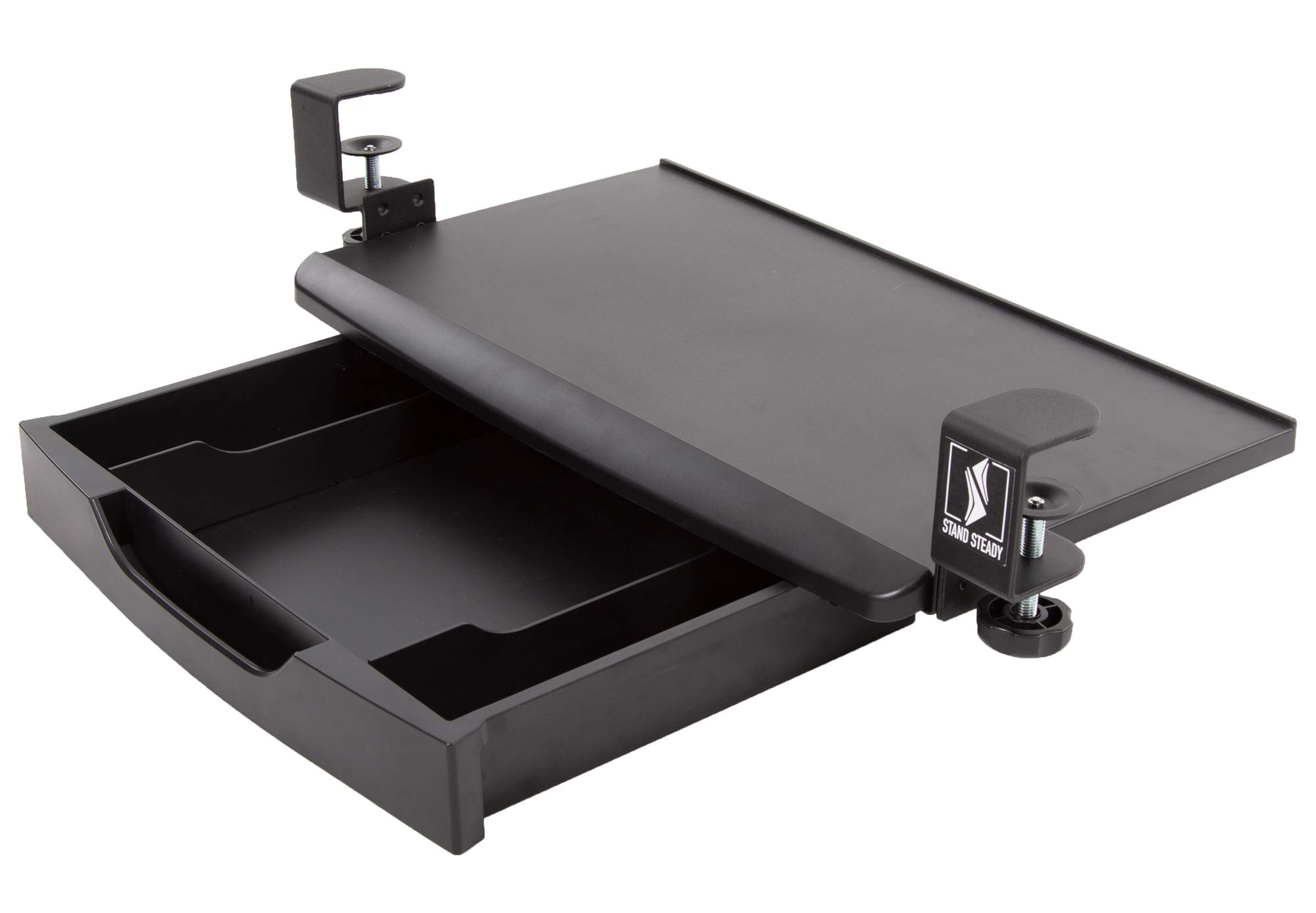 Stand Steady Clamp On Keyboard Tray with Drawer | Two in One | Under Desk Storage w/Damage-Free Easy Installation - No Drilling Needed | 3 Compartment Organizer w/Removable Dividers (24.5 x 11.8)