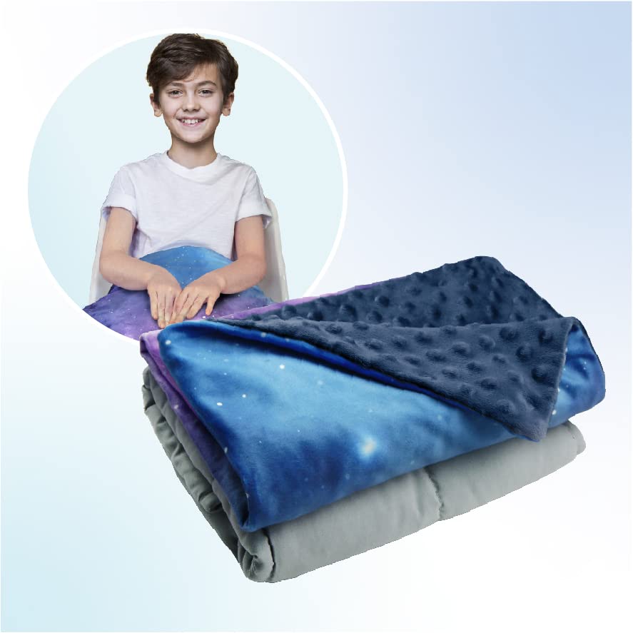 Solfres Small Weighted Lap Pad Blanket Throw for Kids Boys Teens 20in x 23in 5 Lbs - Sleep Therapy Plush Travel Size with Removable Cover, Galaxy Space Stars, Washable, Dark Blue