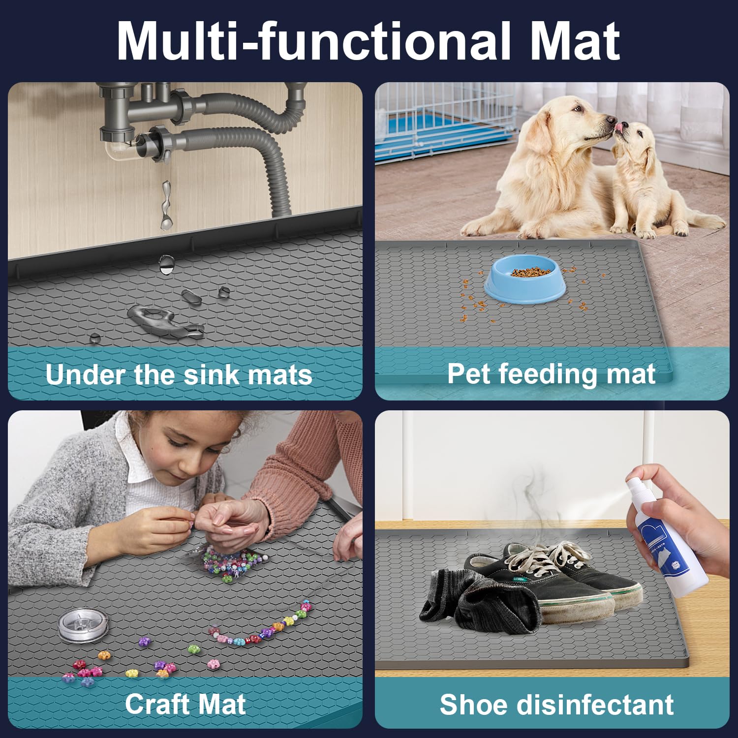 Under Sink Mat - 31" x 22" Waterproof Kitchen Cabinet Mat - Flexible Silicone Under Sink Liner - Kitchen Bathroom Cabinet Mat and Protector for Drips Leaks Spills (Gray)