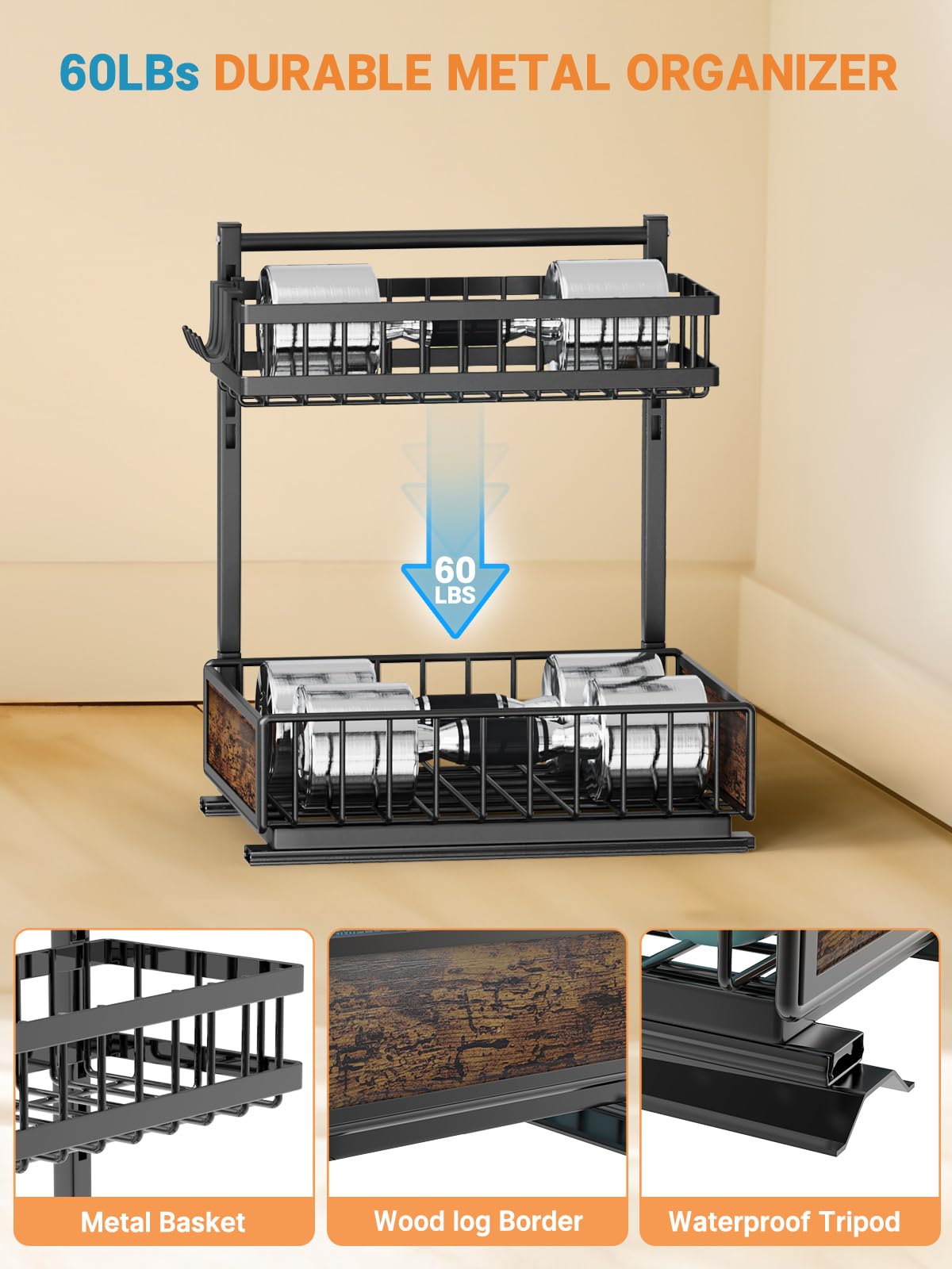 Under Sink Organizers 2 Tier - Kitchen Under Sink Organizer Storage Metal,Pull Out Cabinet Organizer,Adjustable Height Organizer with Hooks,Sturdy Slide Out Storage for Kitchen Bathroom Cabinet