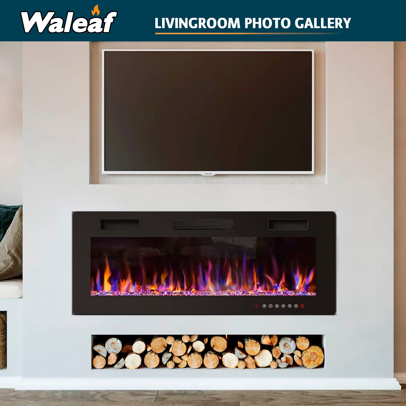 Waleaf 60 inch Ultra-Thin Electric Fireplace Wall Mounted and Recessed,Fireplace Heater with Multicolor Flame fit for 2 x 4 and 2 x 6 Stud, Remote Control Touch Screen,Timer,Low Noise,750/1500W
