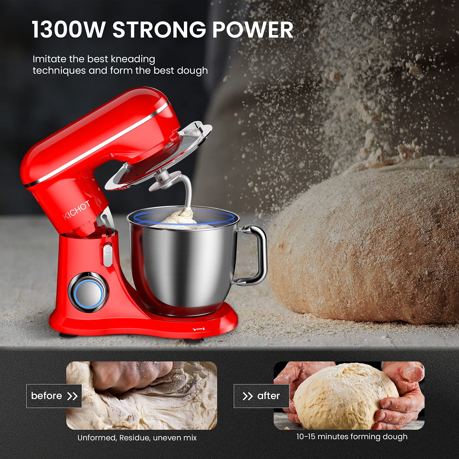 Stand Mixer, KICHOT 10+P Speed 4.8 Qt. Household Stand Mixers, Tilt-Head Cake Mixer Machine with Dough Hook, Beater, Wire Whisk & Splash Guard Attachments for Baking, Cake, Cookie, Kneading, RED