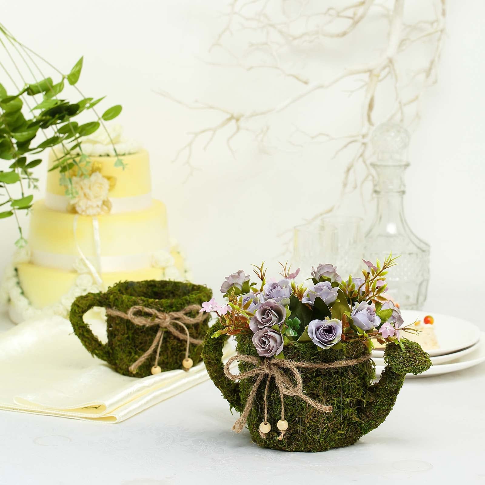 TABLECLOTHSFACTORY Set of 2 | Preserved Moss Watering Can Planter Box with Natural Braided Twine Bow - 11" & 10"