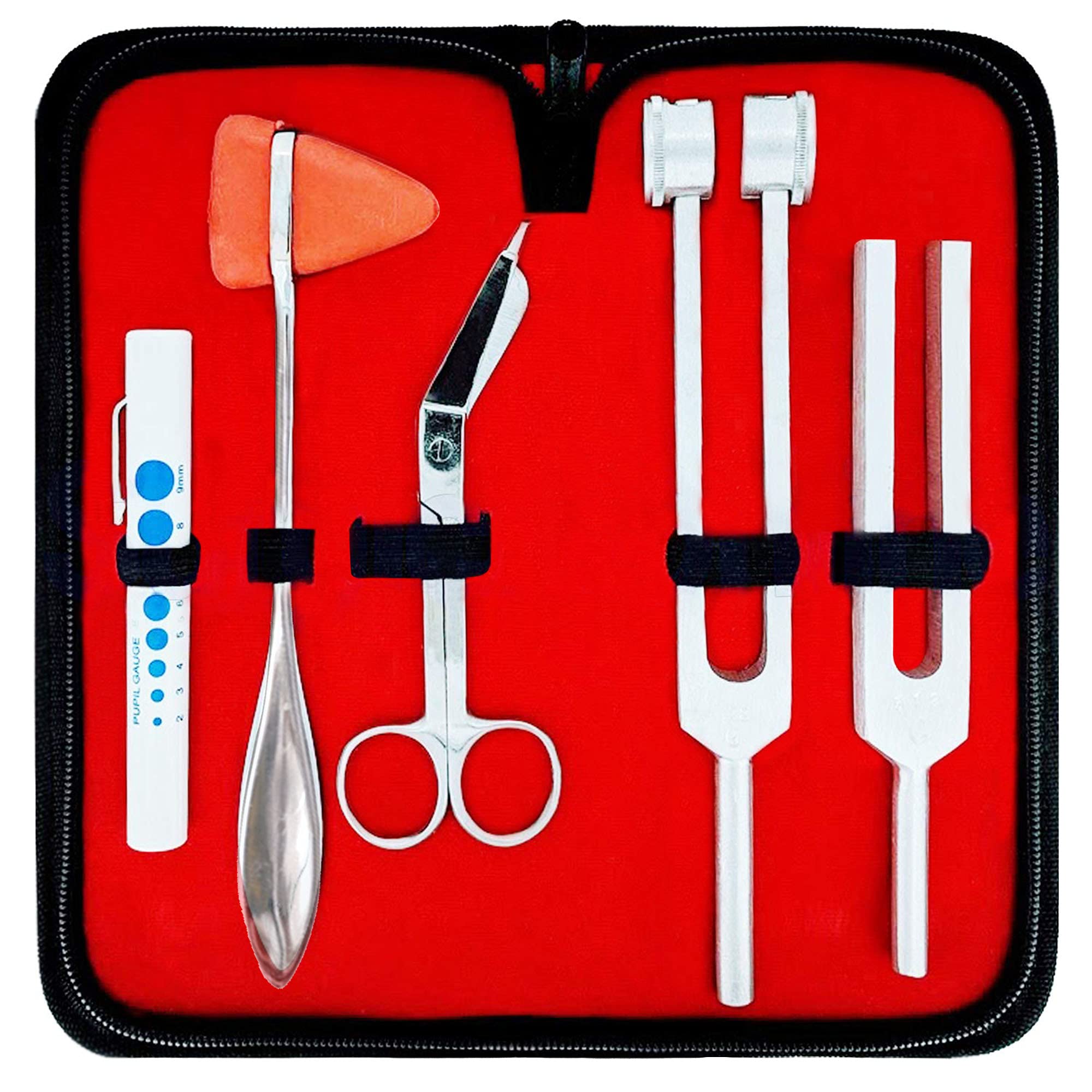 SurgicalOnline Percussion Taylor Reflex Hammer + C 128 & C 512 Tuning Forks + Bandage Scissors + Pupil Gauge Pen Light in Carrying Case - 6-Piece Set (Silver)