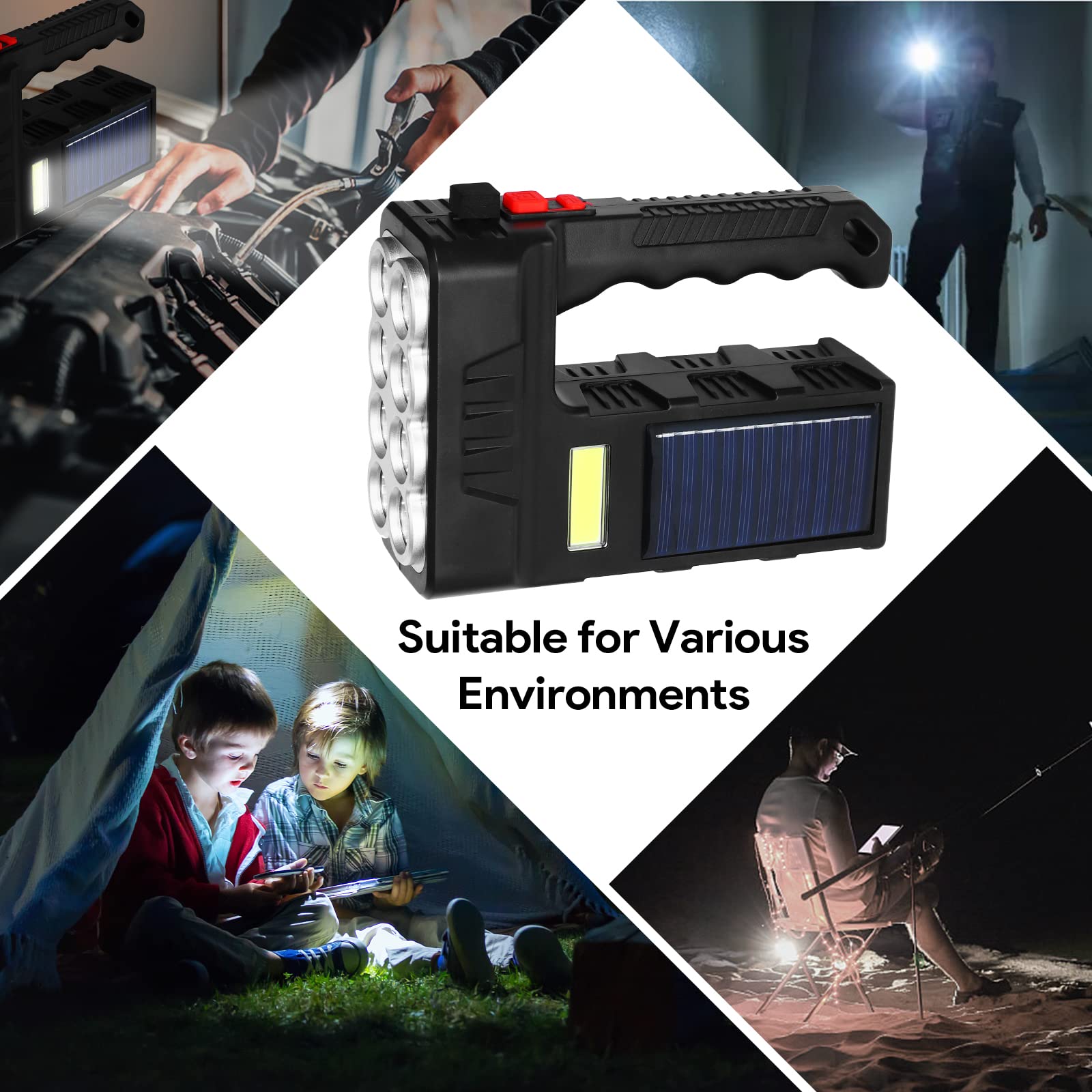 YPENSLZX Portable Rechargeable Handheld Flashlight with 8 LED Lights Solar-Powered Flashlight, High Lumens 3 Modes Searchlight for Outdoor and Emergency Use