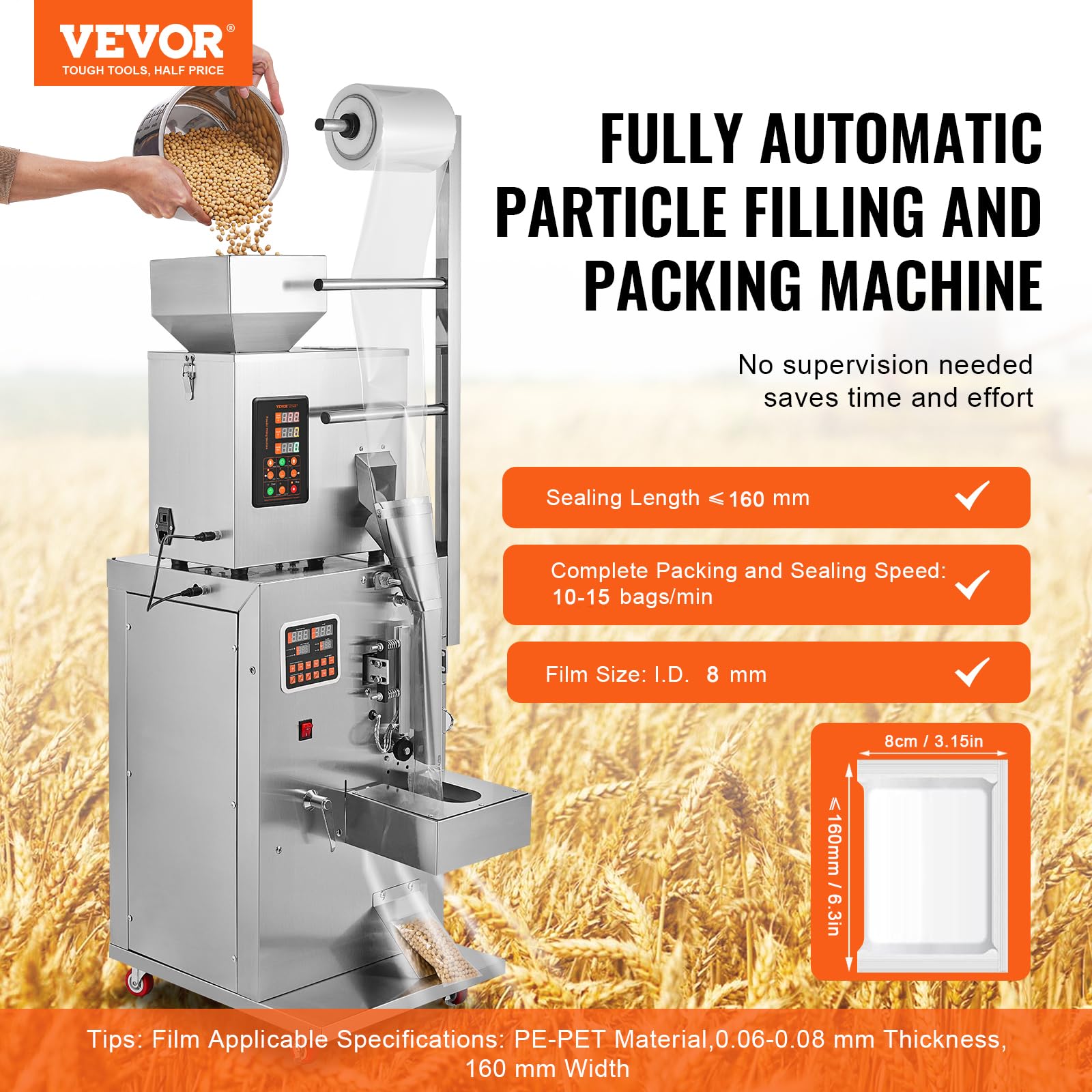 VEVOR Weighing Filling Industries 1-100g, Particle Packaging Machine 10-15 bag/min, Full Automatic Powder Sealing Machine for Filling Tea Seeds Grains Flour Beans Glitter