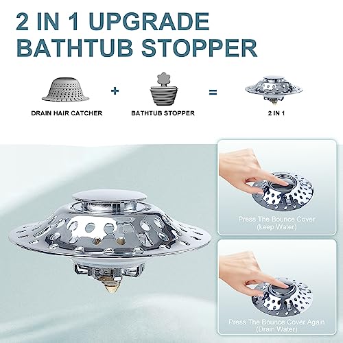 Universal 2 in 1 Bathtub Stopper & Drain Hair Catcher , Upgraded Pop Up Tub Stoppers with Dual Filtration Design ,Anti-Clogging Bathtub Drain Cover,Bath Tub Drains Plug for 1.4"-2.0" Drain Hole
