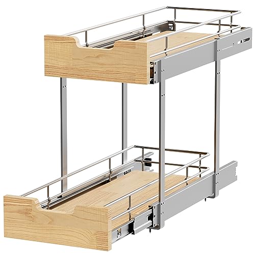 Sikarou Pull Out Cabinet Organizer,Heavy-Duty Slide Out Shelf, Wood And Wire Basket, Pull Out Drawer for for Kitchen Under Sink Space, Pantry, Bathroom, 2 Tie 14 * 21 IN