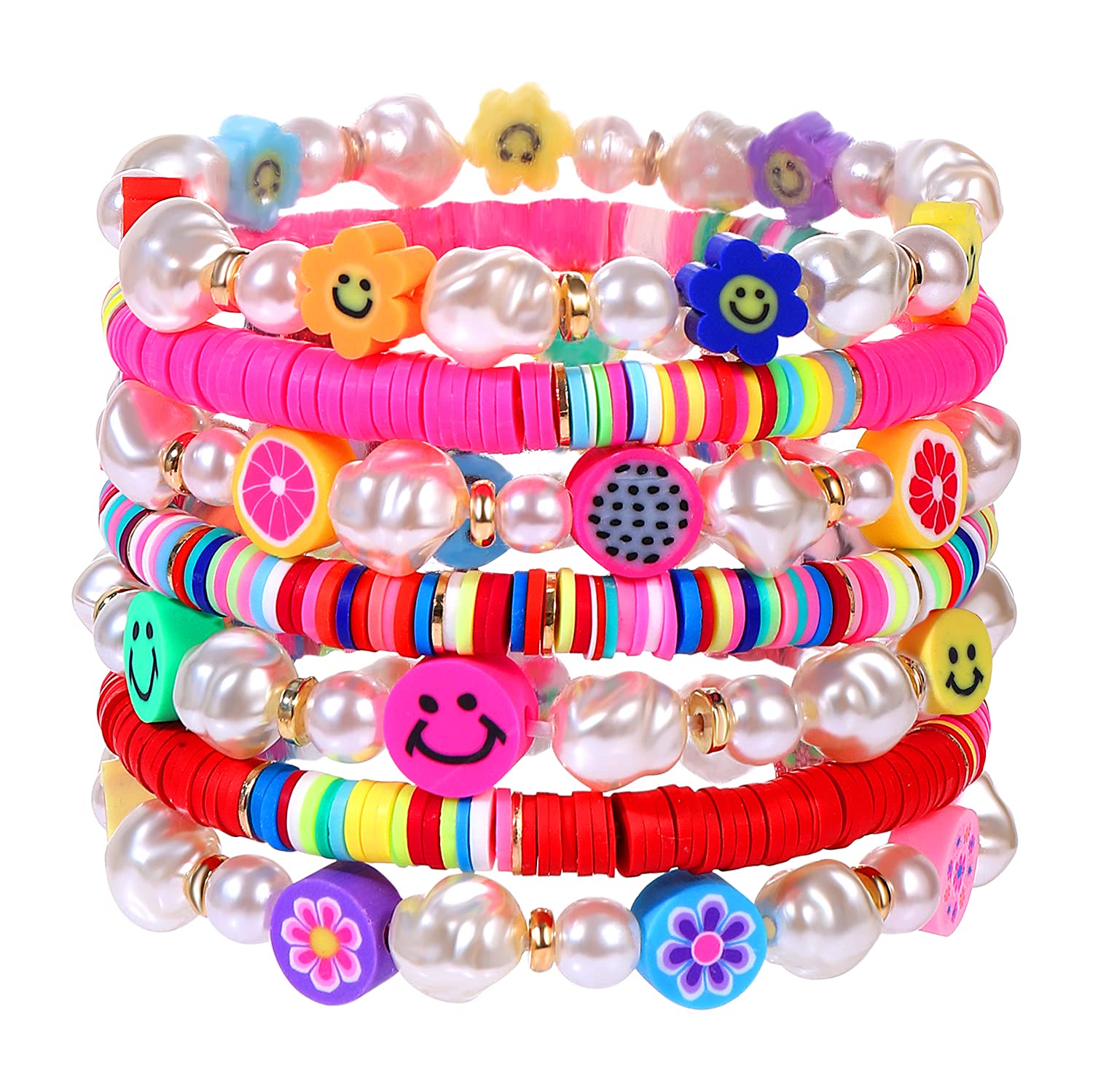 XOCARTIGE Beaded Stretch Bracelets for Women Colorful Clay Fruit Happy Face Bead Bracelet Rainbow Heishi Bracelet Set Stackable Pearl Y2K Bracelets Summer Beach Accessory (7PCS Happy Face Bracelet)