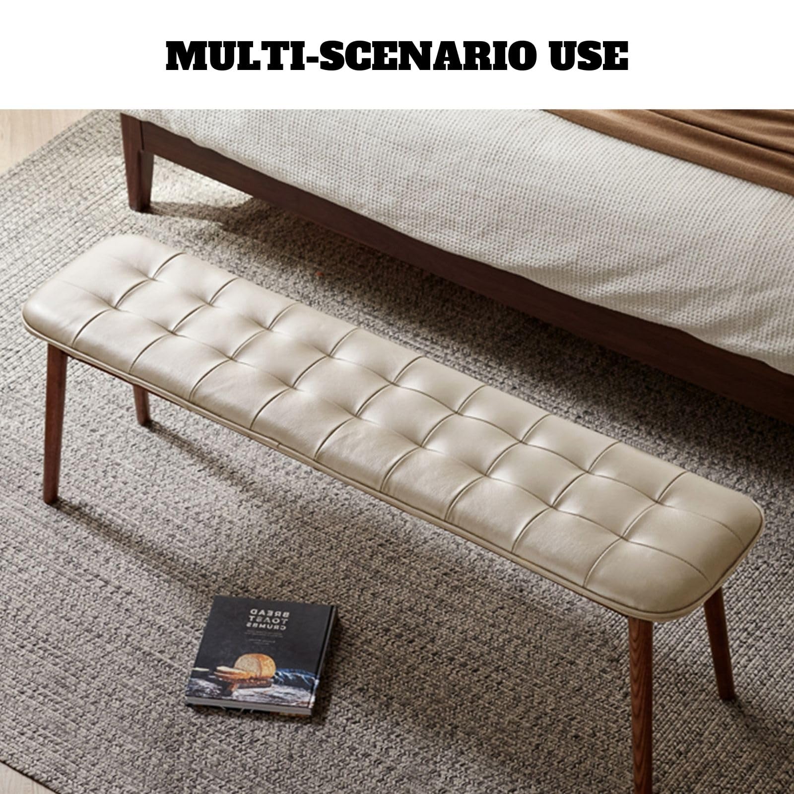 Vadisun Traditional Upholstered Bedroom Bench,100% Solid Wood Bench,Soft Leather Cushion, Entryway Bench and Dining Bench (Brown,51.18”*11.81”*17.32”)