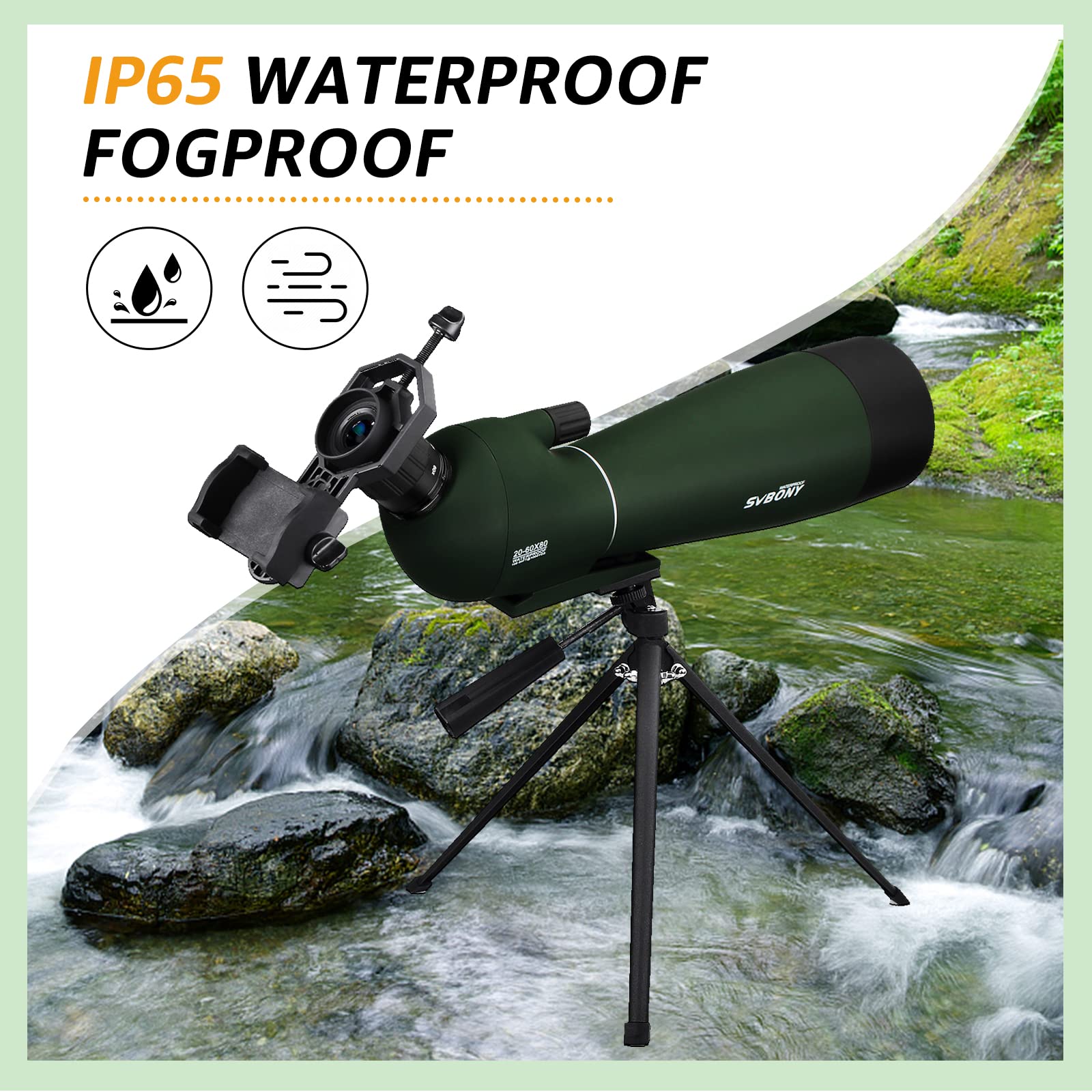 SVBONY SV28 Angled Spotting Scope with Tripod, 20-60x80 Spotter Scope, Long Range Sporting Scope with Phone Adapter, Portable Spotting Scopes for Bird Watching, Target Shooting, Hunting