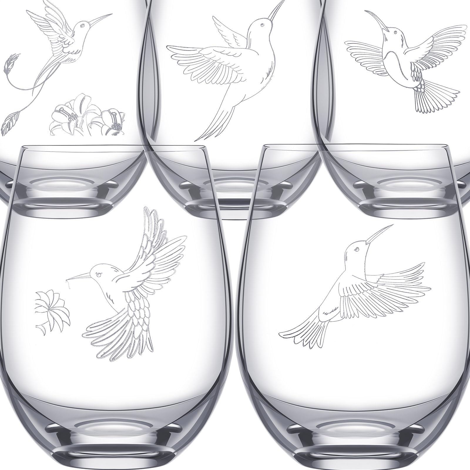 Zubebe 5 Pieces Hummingbird Stemless Wine Glasses 17 oz Hummingbird Cups Laser Engraved Wine Glasses Hummingbird Themed Gifts for Christmas Birthday Retirement Anniversaries Father's Day Mother's Day