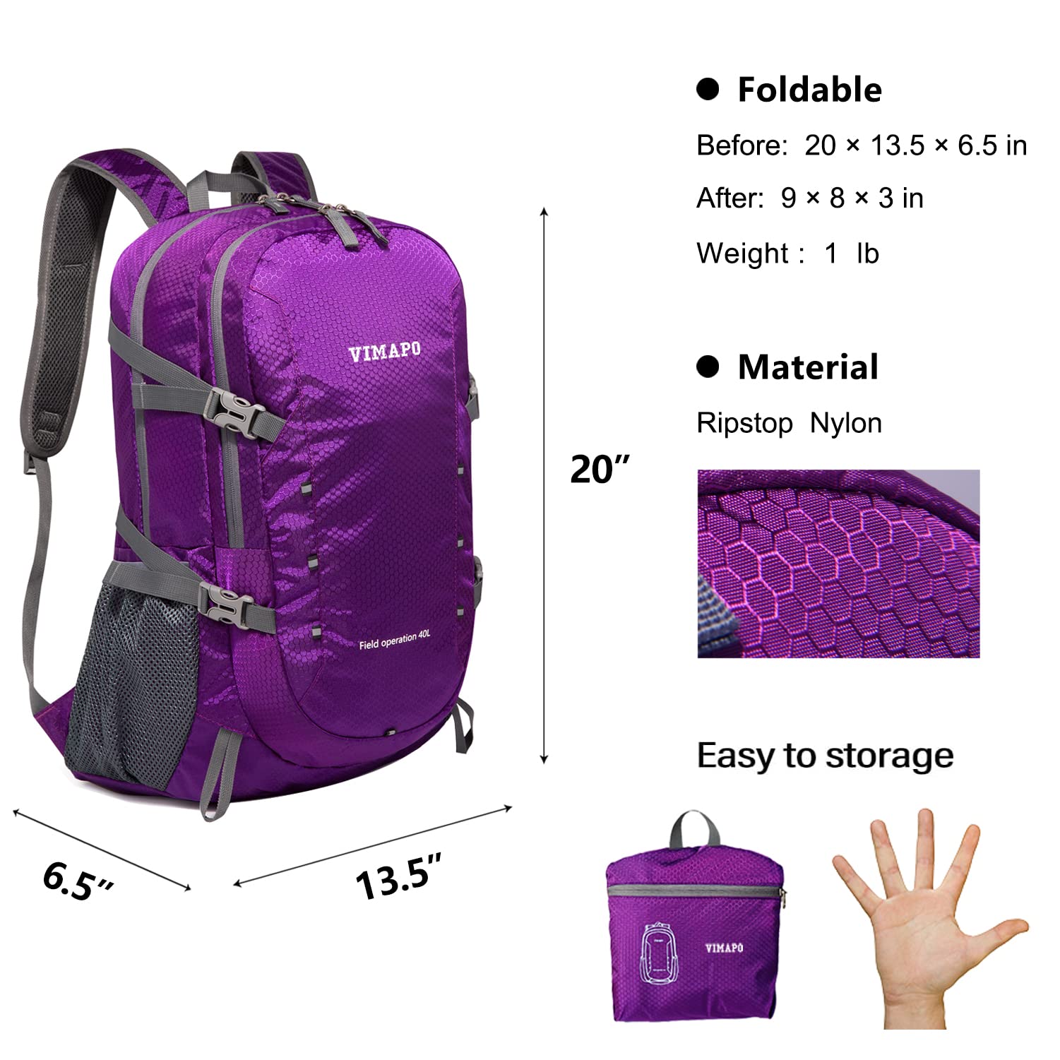 vimapo Packable Lightweight Backpack 40L, Ripstop Nylon Foldable Traveling Daypack, Collapsible Hiking Backpack For Outdoor(Purple)