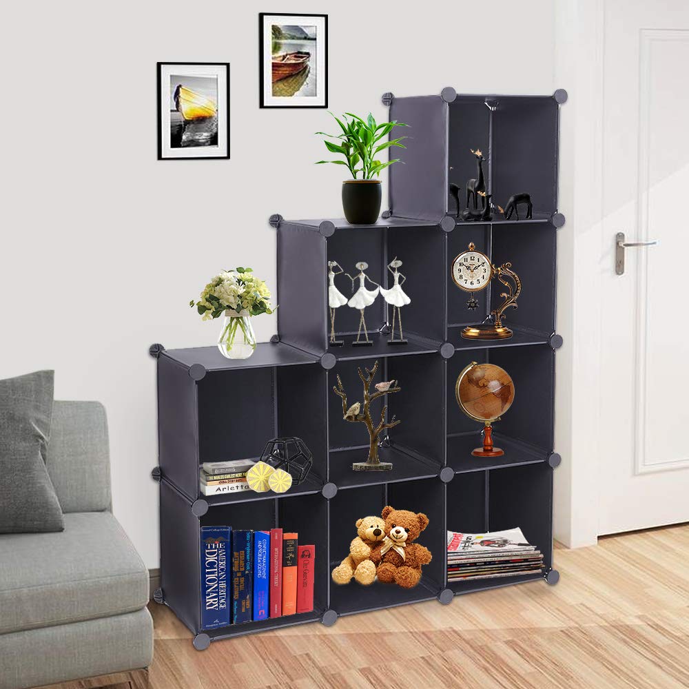 VINGLI Cube Storage, 9 Cubes Organizer Shelves Plastic Closet Cabinet, DIY Modular Storage Cube Organizer w/Hammer for Bedroom Living Room Office, Black