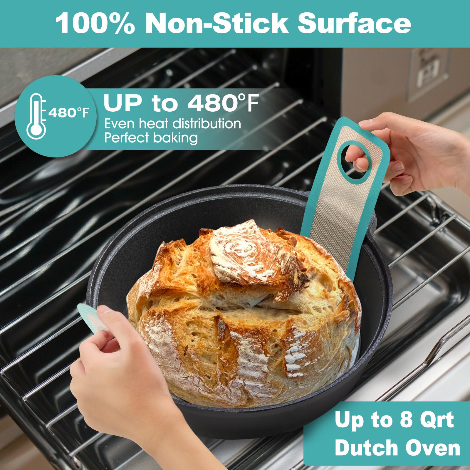 Silicone Bread Sling Dutch Oven - Best Japan Silicone. Non-Stick & Easy Clean Reusable Silicone Bread Baking Mat. With Extra Long Handles Bread Baking Sheet Liner, 2 Aqua Sky Set Transferable Dough