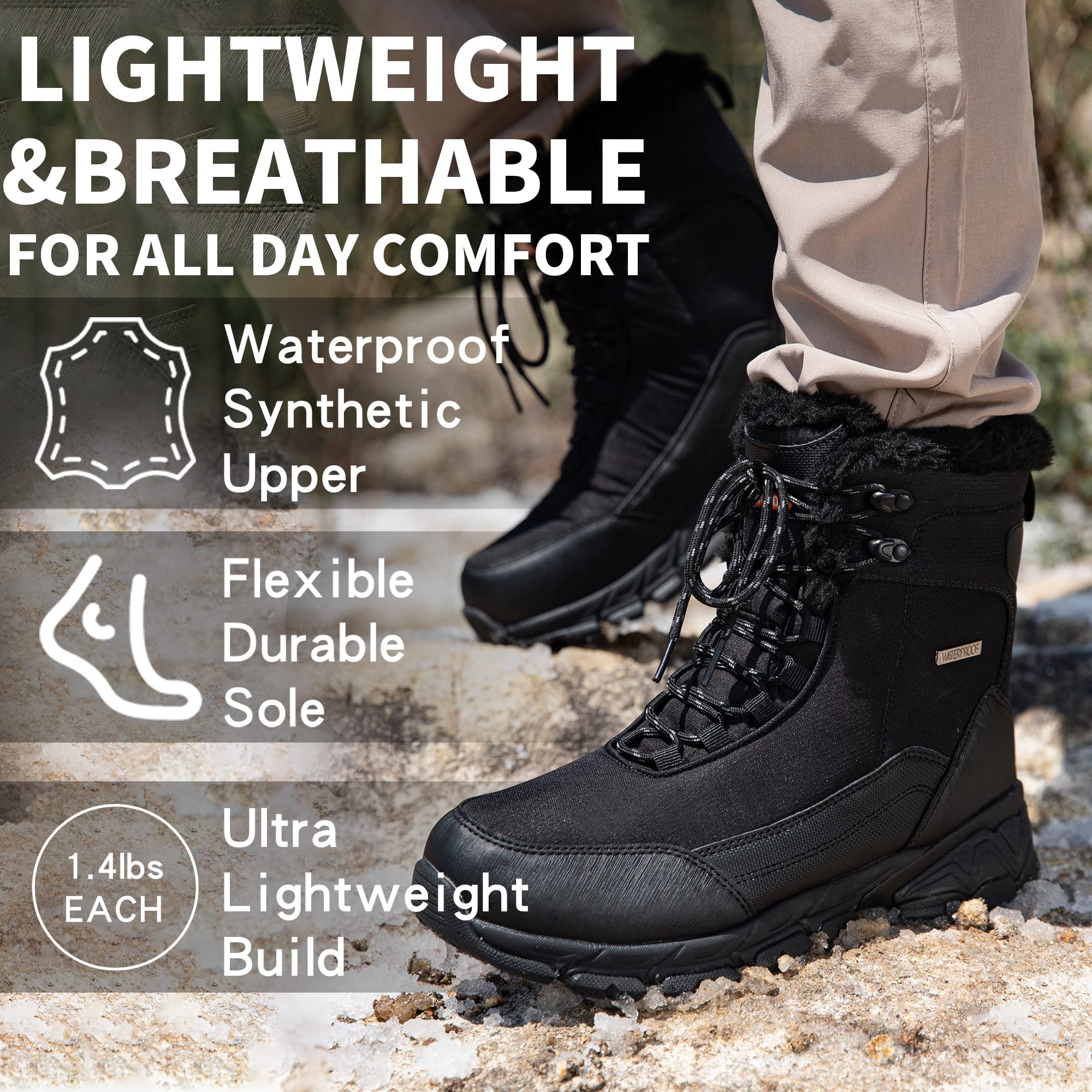 SHULOOK Men's Snow Boots Waterproof Warm Fur Lined Winter Hiking Boot Non-slip Outdoor Ankle High-top Shoes Work Hiker Trekking Trail