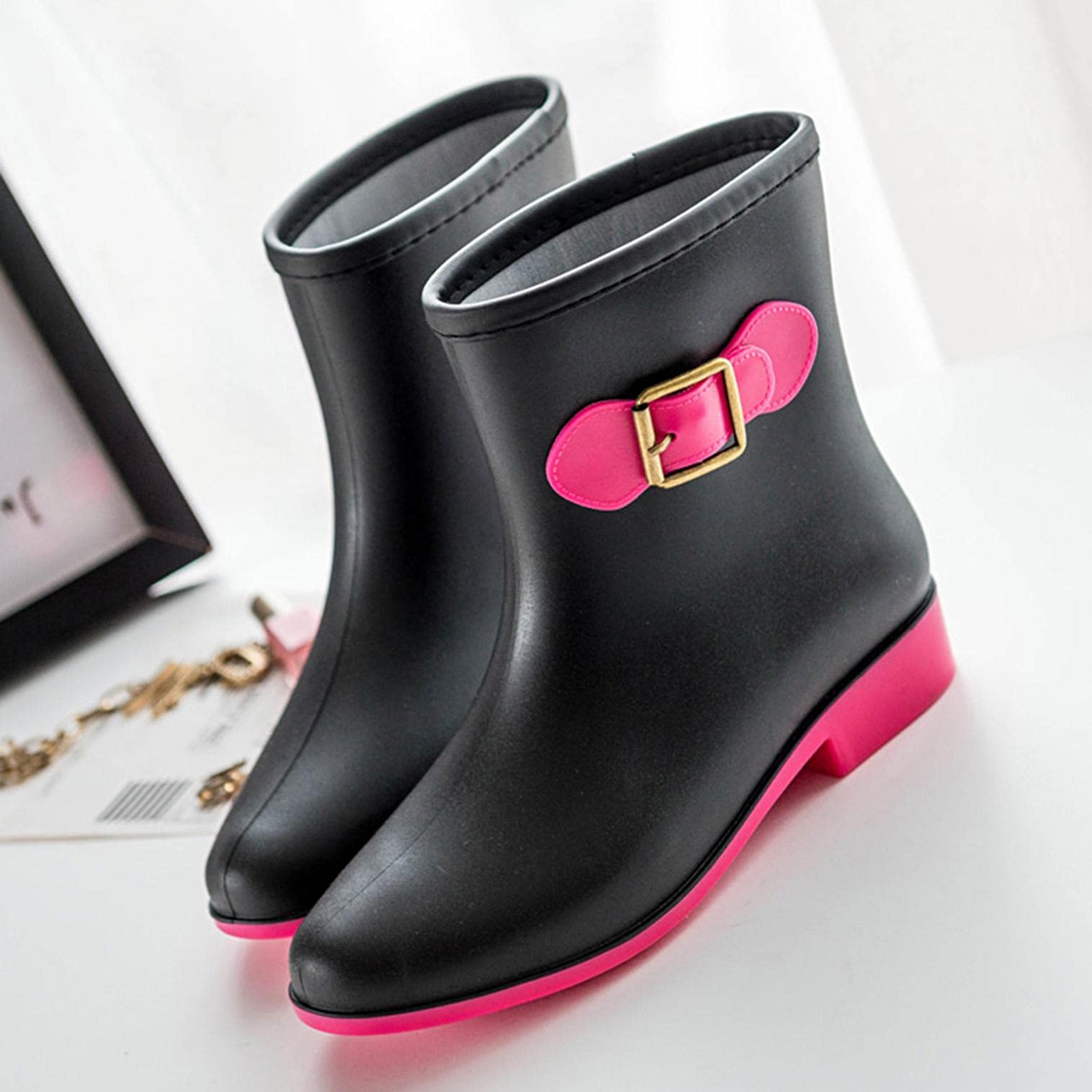 Xudanell Mujer Botas Mid-Calf Matte Rain Boots Anti-Slip Rubber Non Slip Booties Chelsea Boots Work Boots for Women Hot Pink