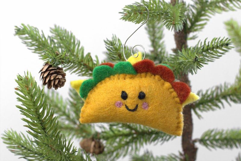 Taco Christmas Ornament- SET OF 1 or 3- Tacos Approx. 2.5" x 3.75"- 100% Wool- Pretend Play- Taco Tuesday- Christmas Tree Decor With Hooks- Winter Holiday Decoration- Handmade Gift Idea