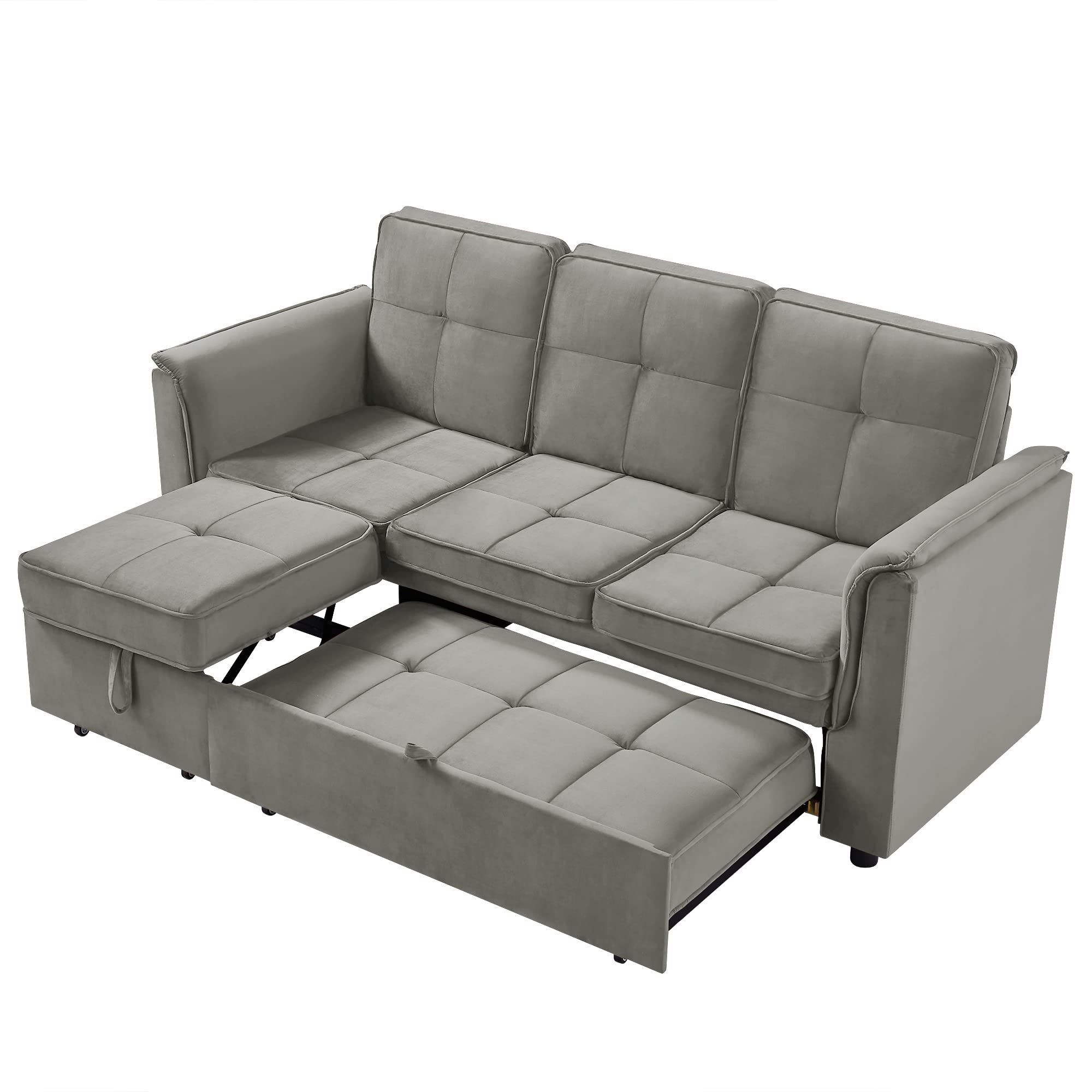 PHOYAL Combination Sofa Bed, Pull-Out Sofa 3 Seater Couch Sofa Upholstered L-Shaped 3-Seat Sleeper Sofa Pull Out Sleeper Pull Out Sofa Bed Couch for Living Room (Grey)
